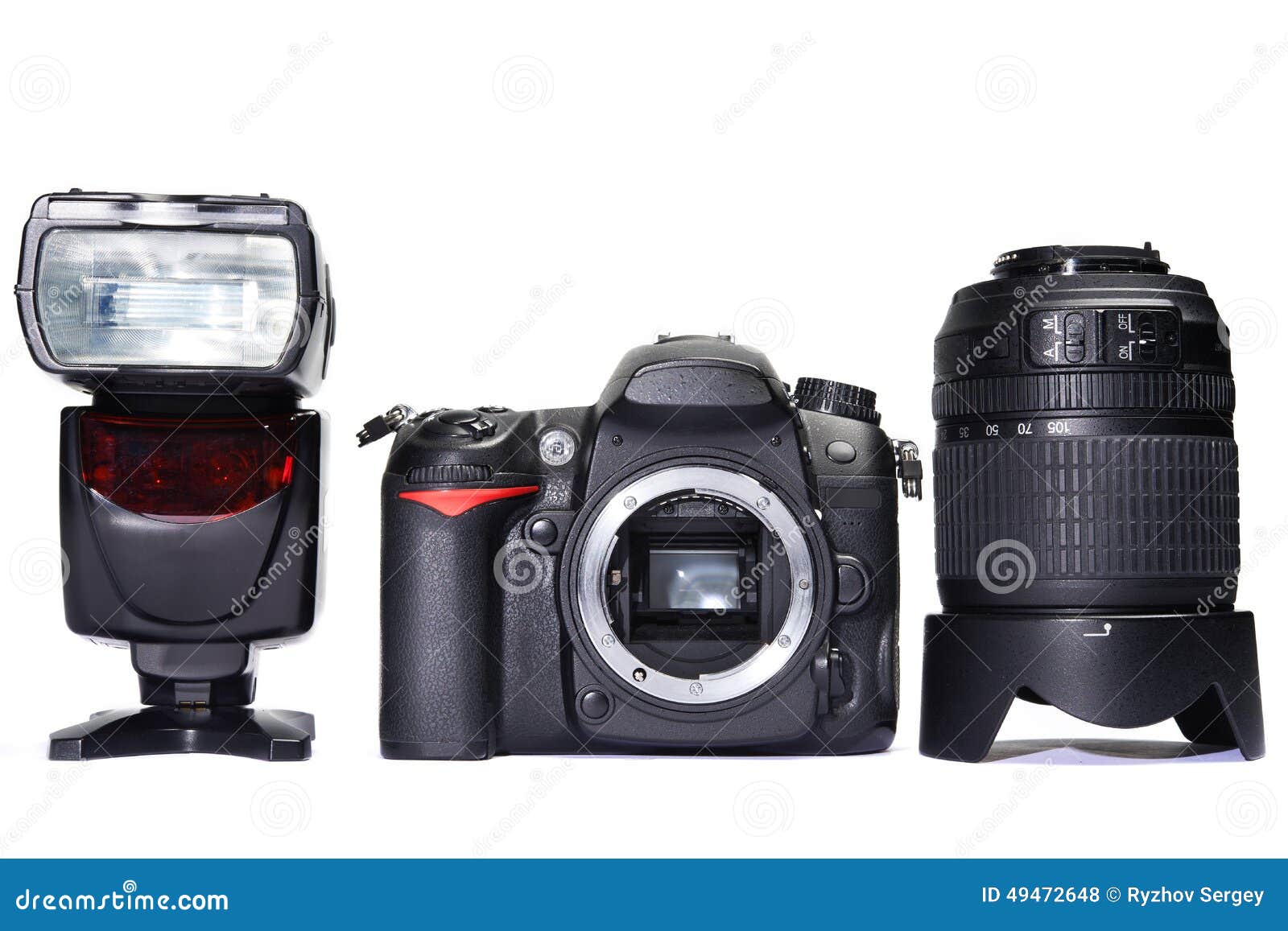 DSLR Camera, Lens and Flash Stock Photo - Image of electronic ...