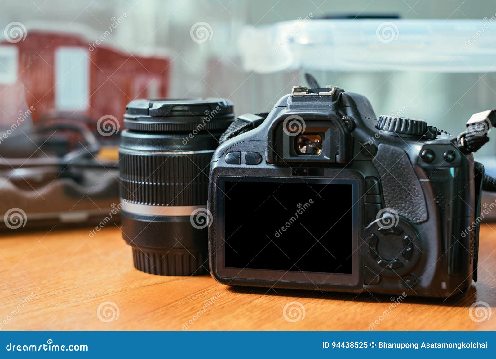 DSLR Camera with Lens on the Wood Table Stock Image - Image of film ...