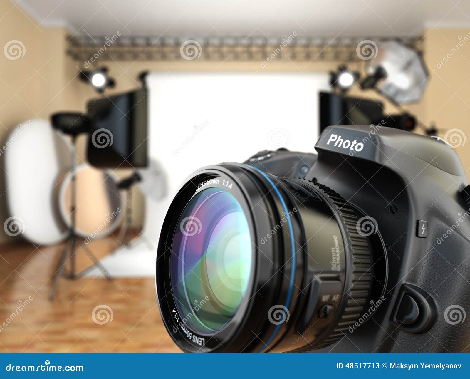 DSLR Camera in Photo Studio with Lighting Equipment, Softbox and Stock ...