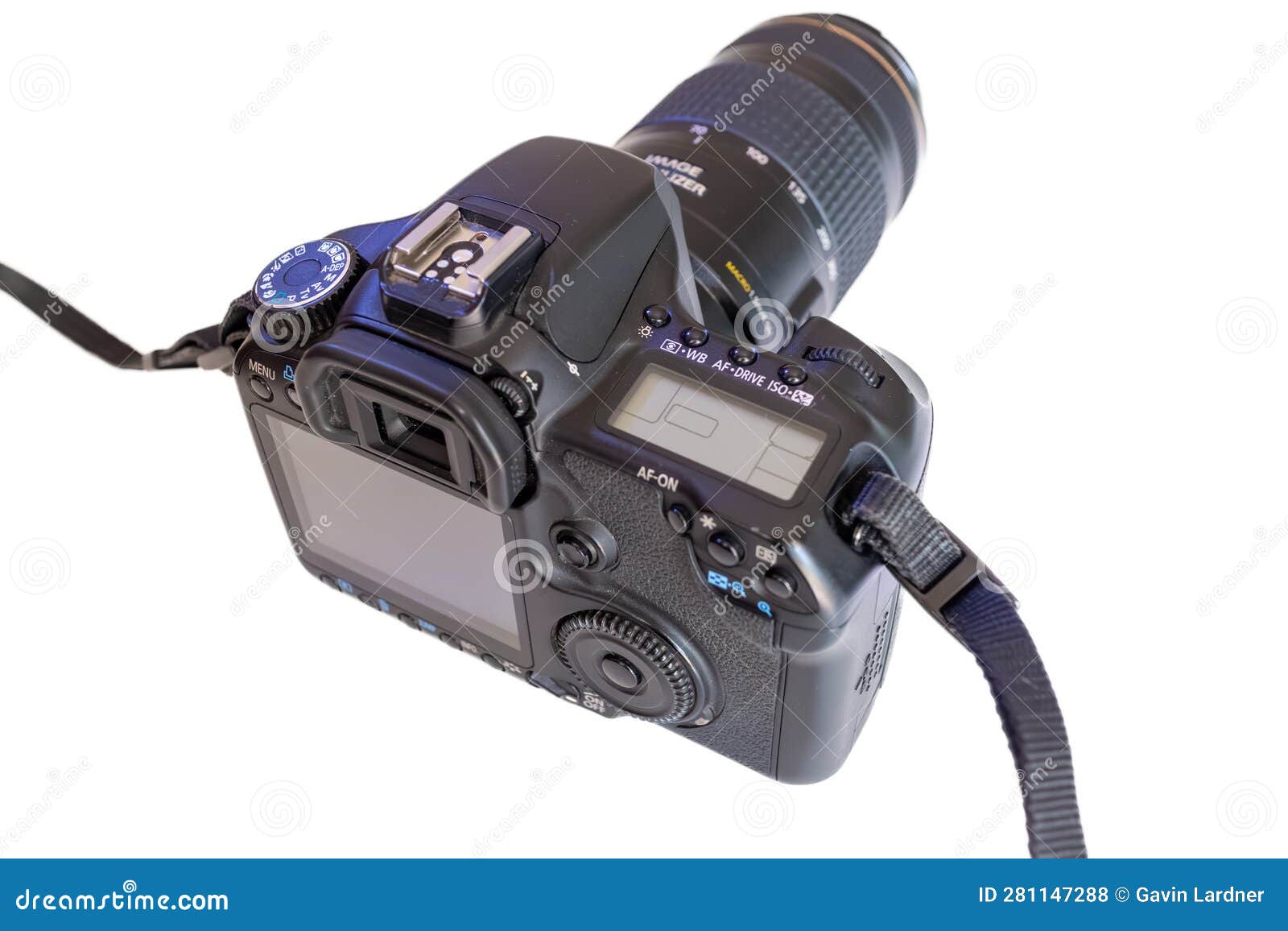 DSLR Camera and Lens from Right Top Rear View Stock Photo - Image of ...