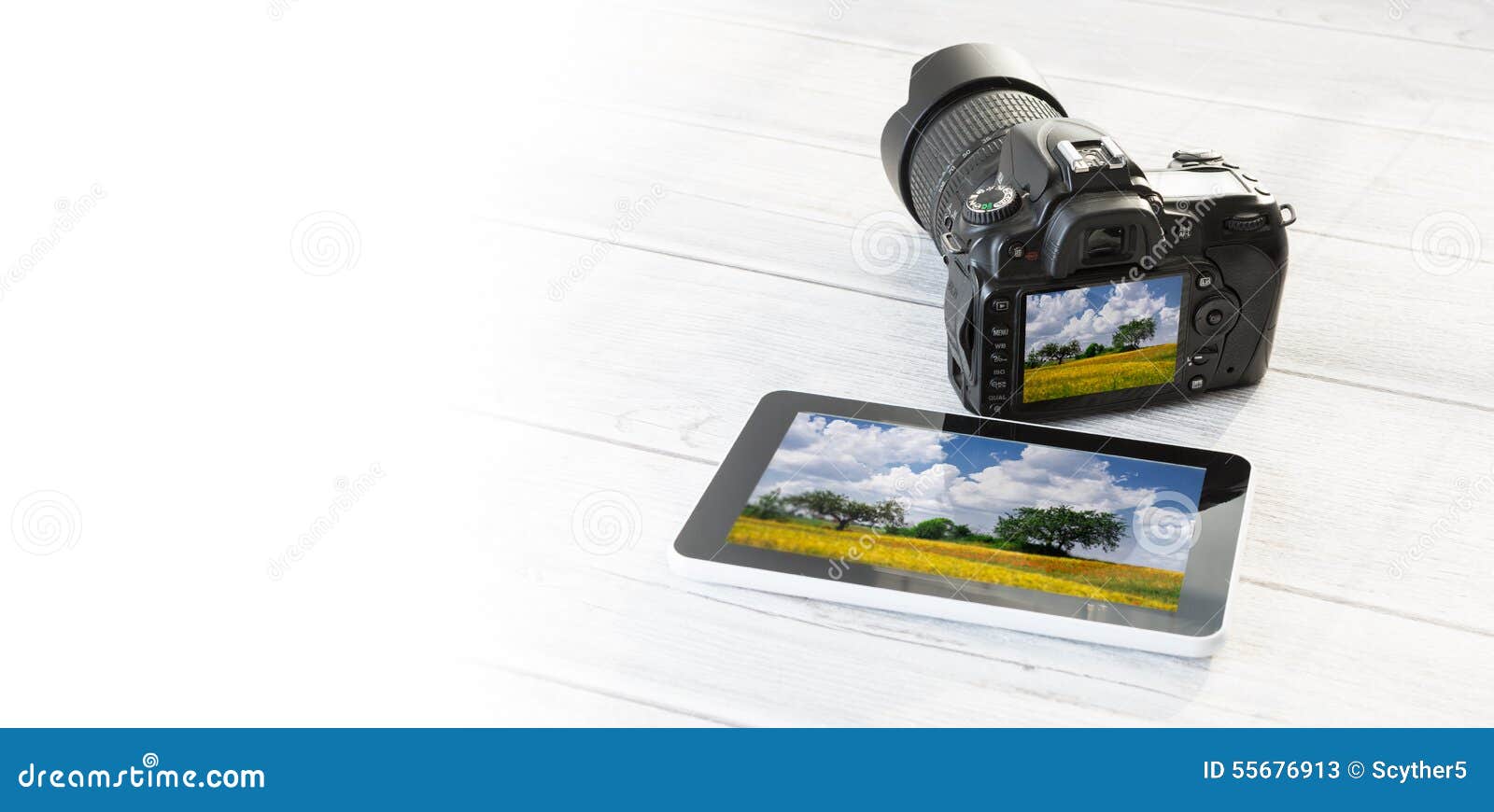DSLR and tablet. stock image. Image of wooden, technology - 55676913