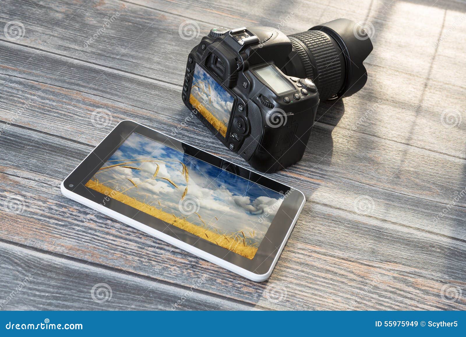 DSLR and tablet. stock image. Image of photograph, background - 55975949