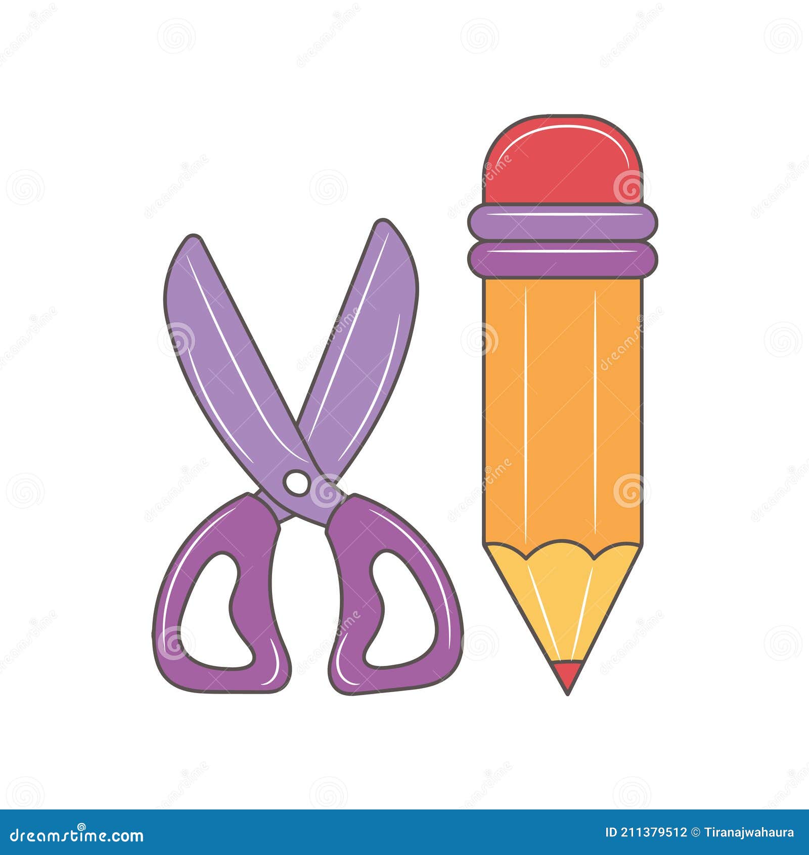 Pencil with Scissor Vector Illustration, Colored Linear Style Pictogram ...