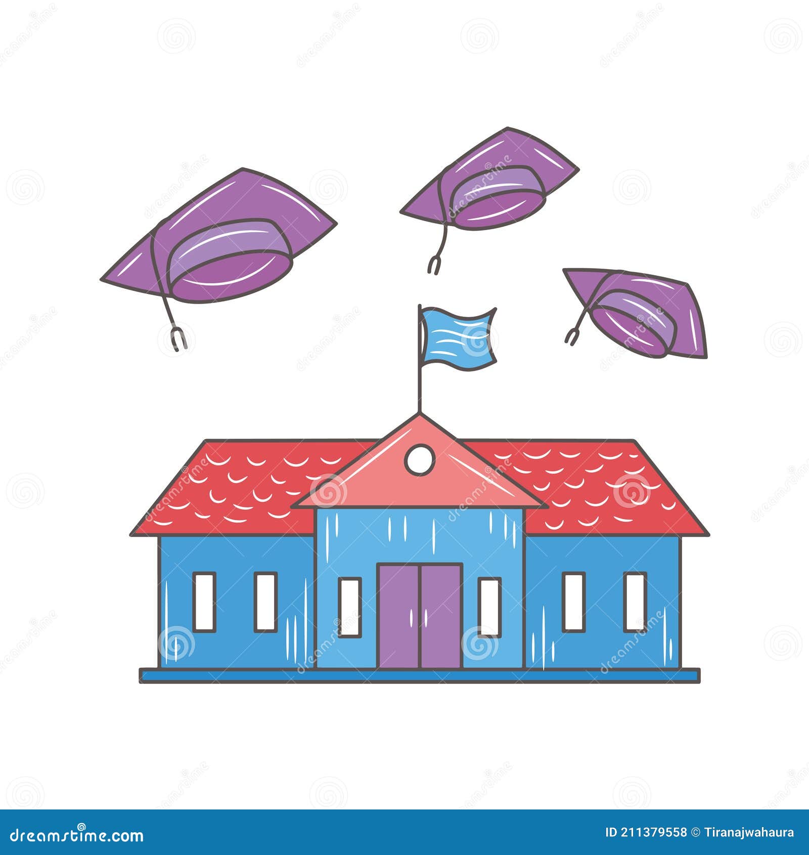 School With Flying Graduation Caps Vector Illustration, Colored Linear ...