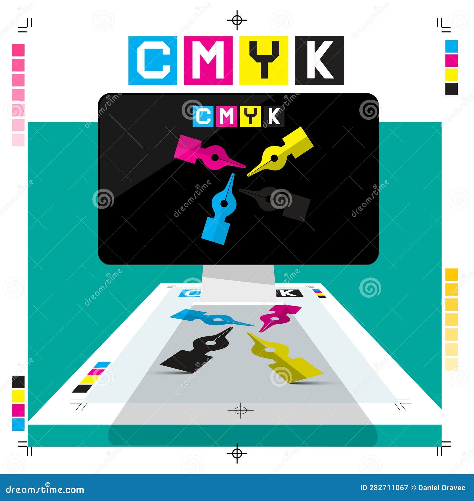 DTP - Desktop Publishing Concept With Computer, Printerd Paper And CMYK ...