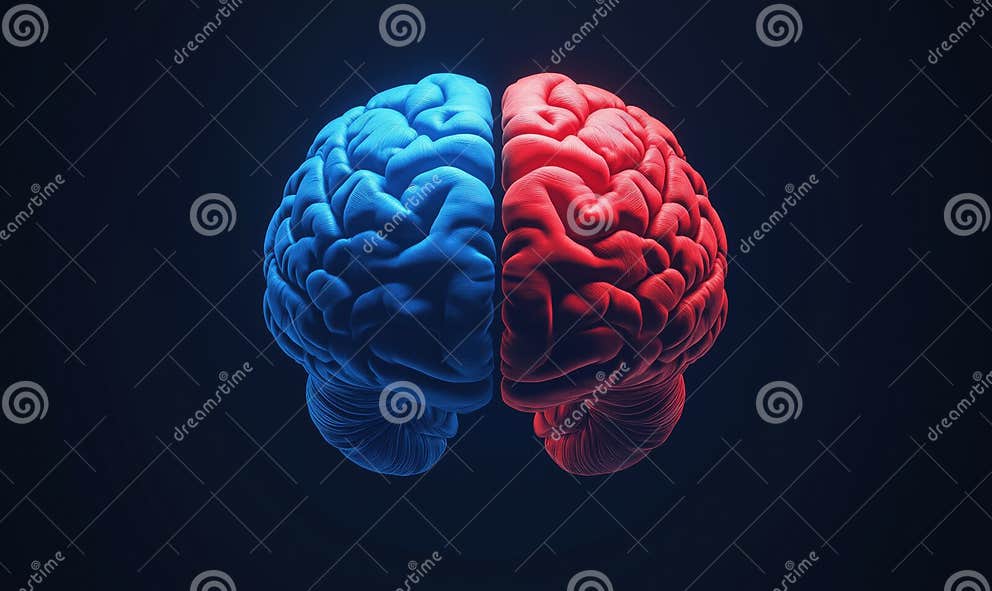 Dual-colored Human Brain Illustration Representing Creativity and Logic, Blue Side Symbolizing ...