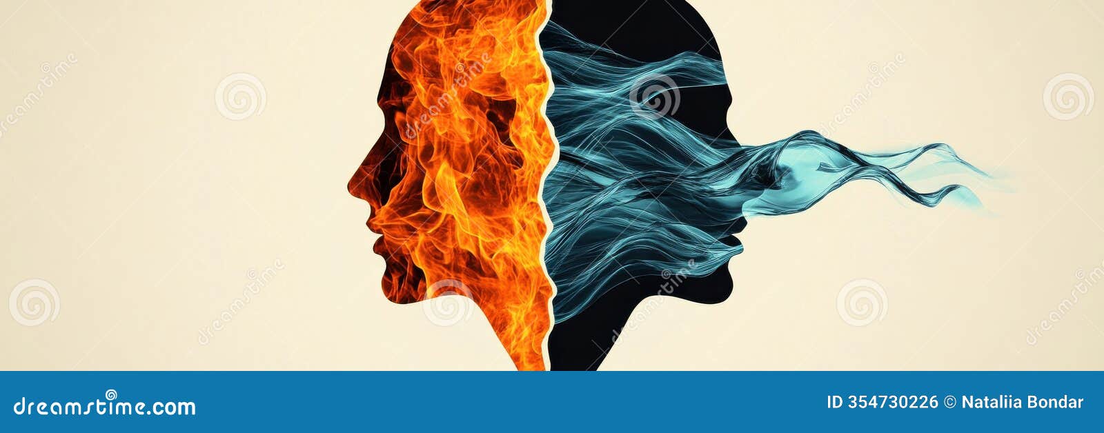 Dual Human Faces with Fiery Flames and Flowing Water Elements Concept ...