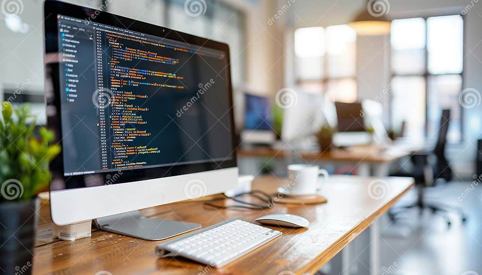 Dual Monitor Configuration on Desk with Computer Keyboard and Mouse for ...