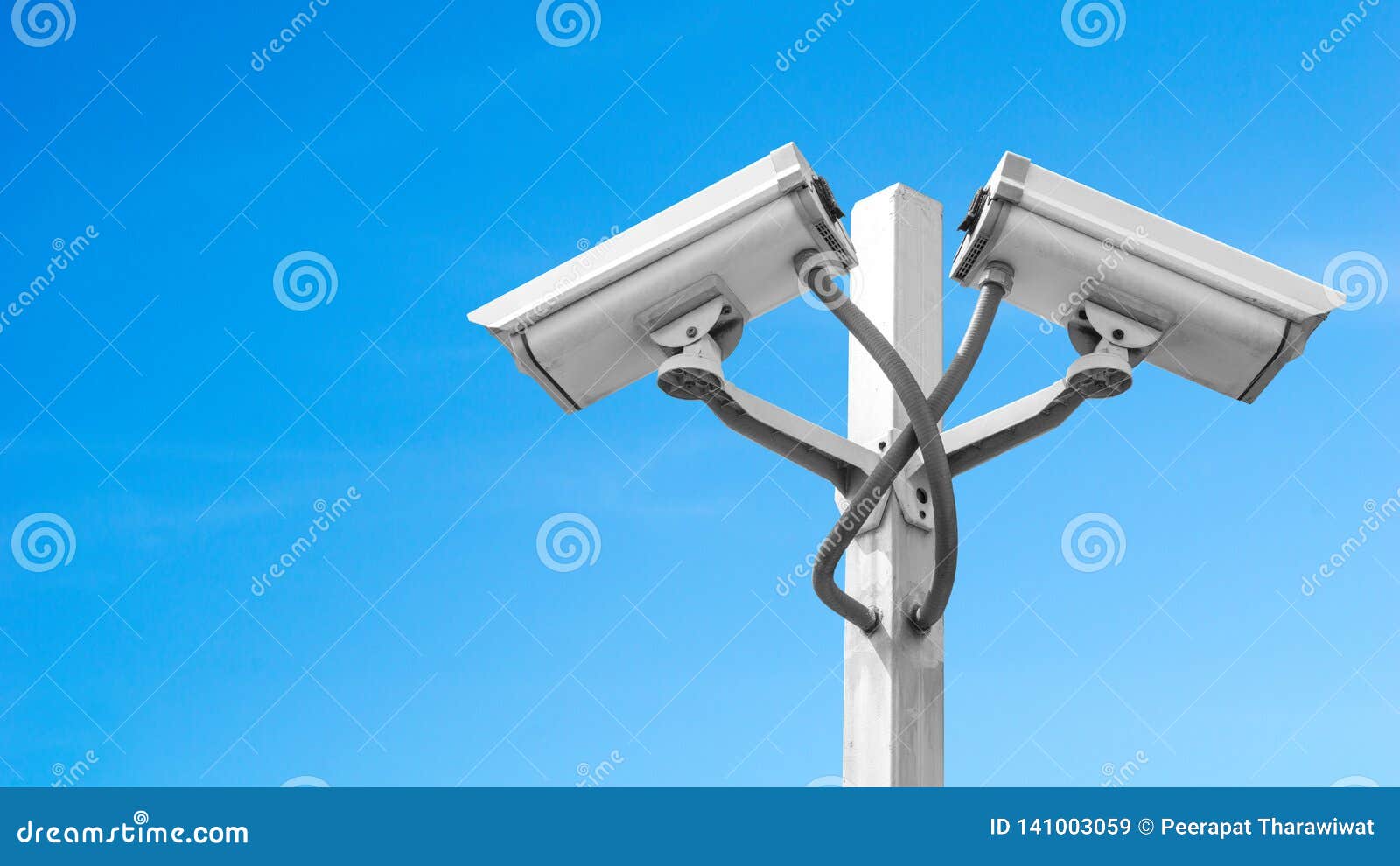 Dual Surveillance Cctv Camera on Pole with Blue Sky and Copyspace, Use ...