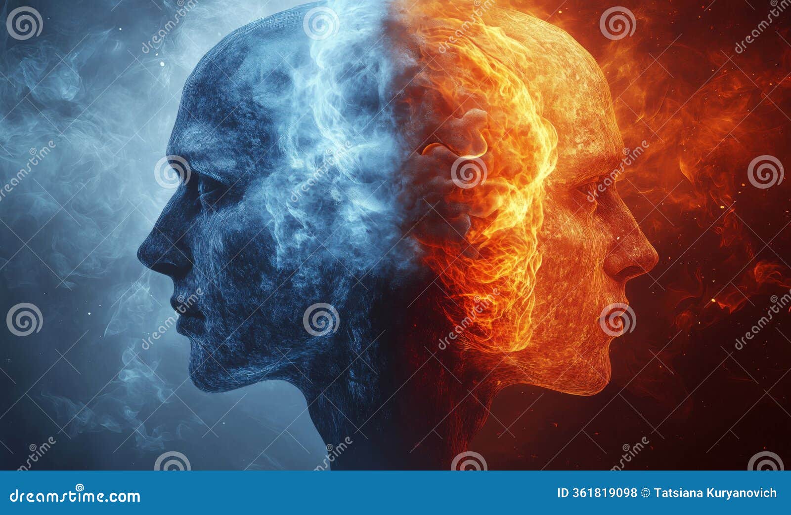Duality of Elements Represented by Fire and Ice in Human Faces Stock ...