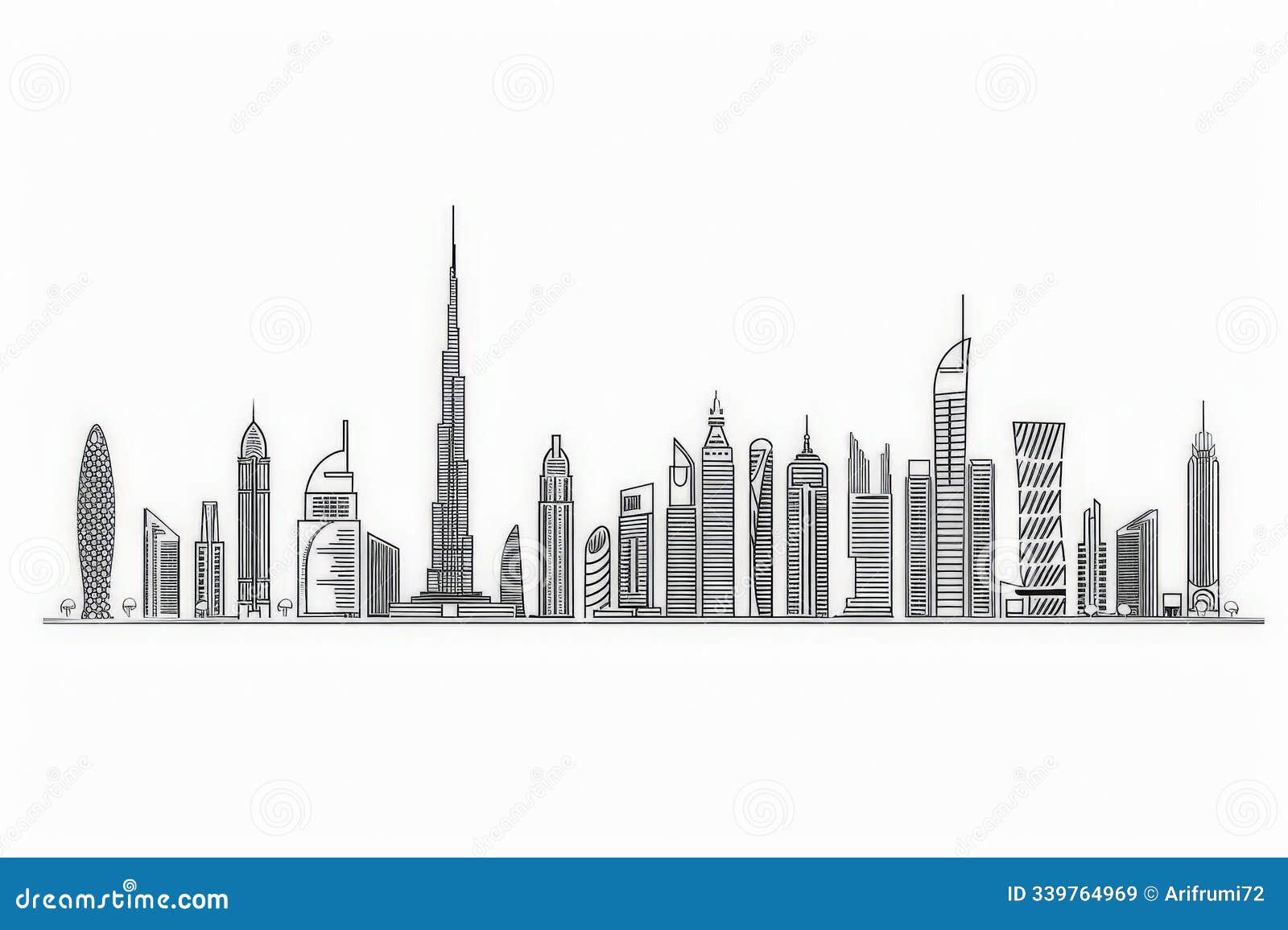 Dubai City Skyline Editable Thin Outline Illustration on White ...