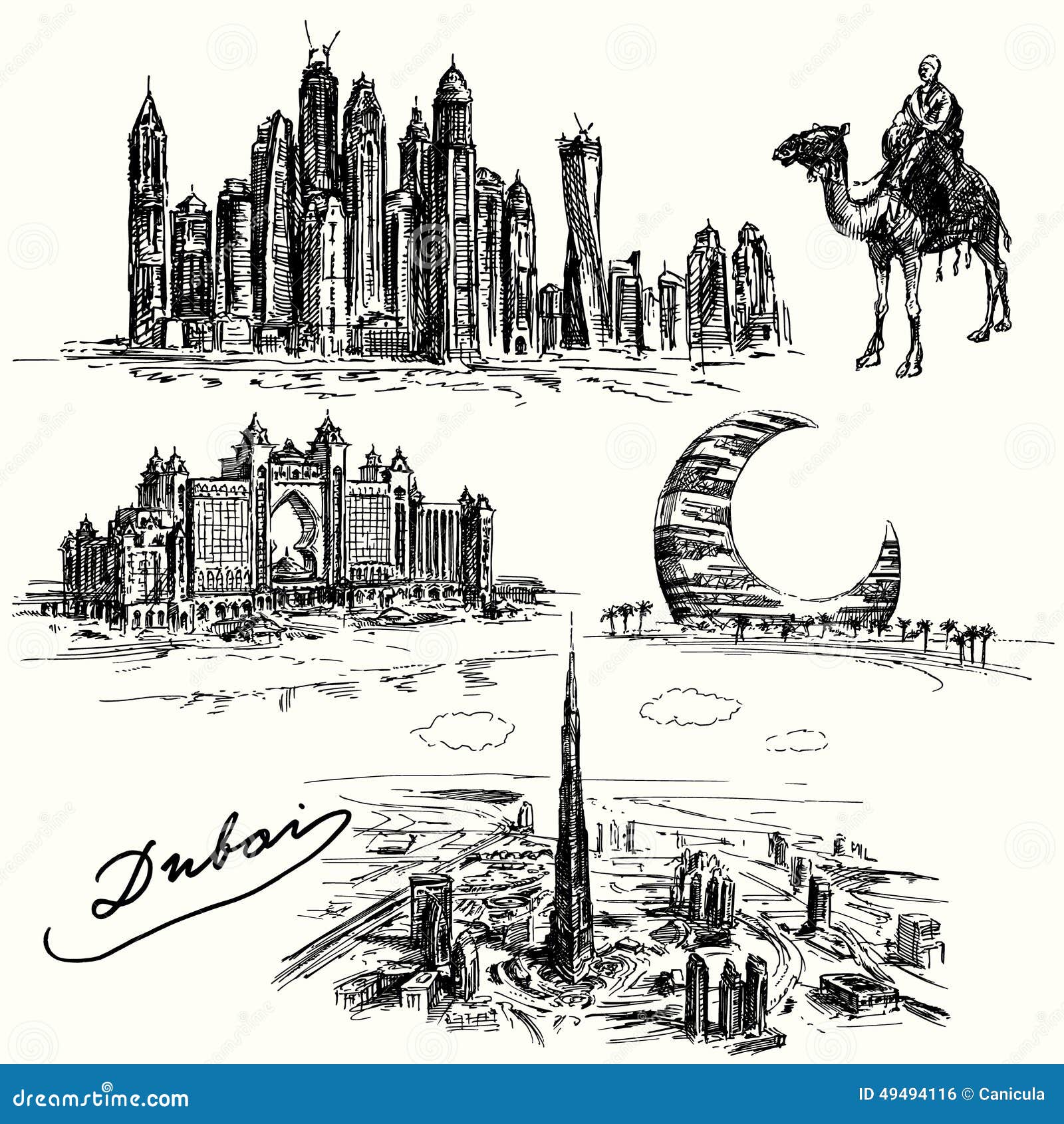 Dubai - Hand Drawn Collection Stock Vector - Illustration of building ...