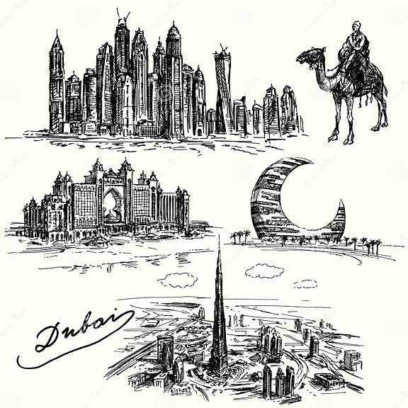 Dubai - Hand Drawn Collection Stock Vector - Illustration of building ...