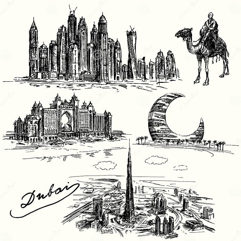 Dubai - Hand Drawn Collection Stock Vector - Illustration of building ...
