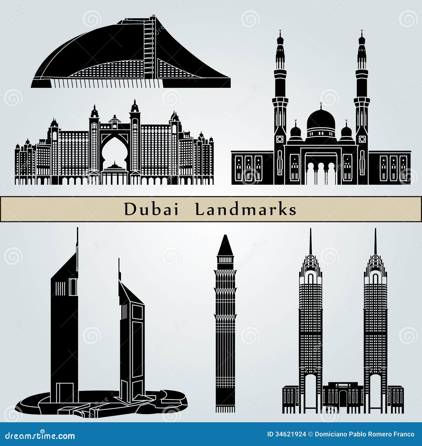 Dubai Landmarks and Monuments Stock Vector - Illustration of skyscraper ...