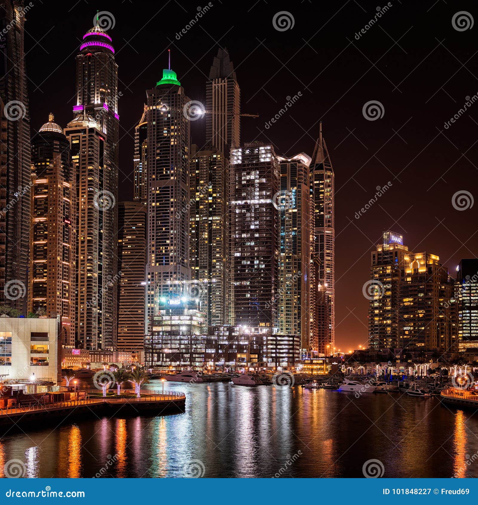 Dubai Skyline in lights 2 stock image. Image of downtown - 101848227
