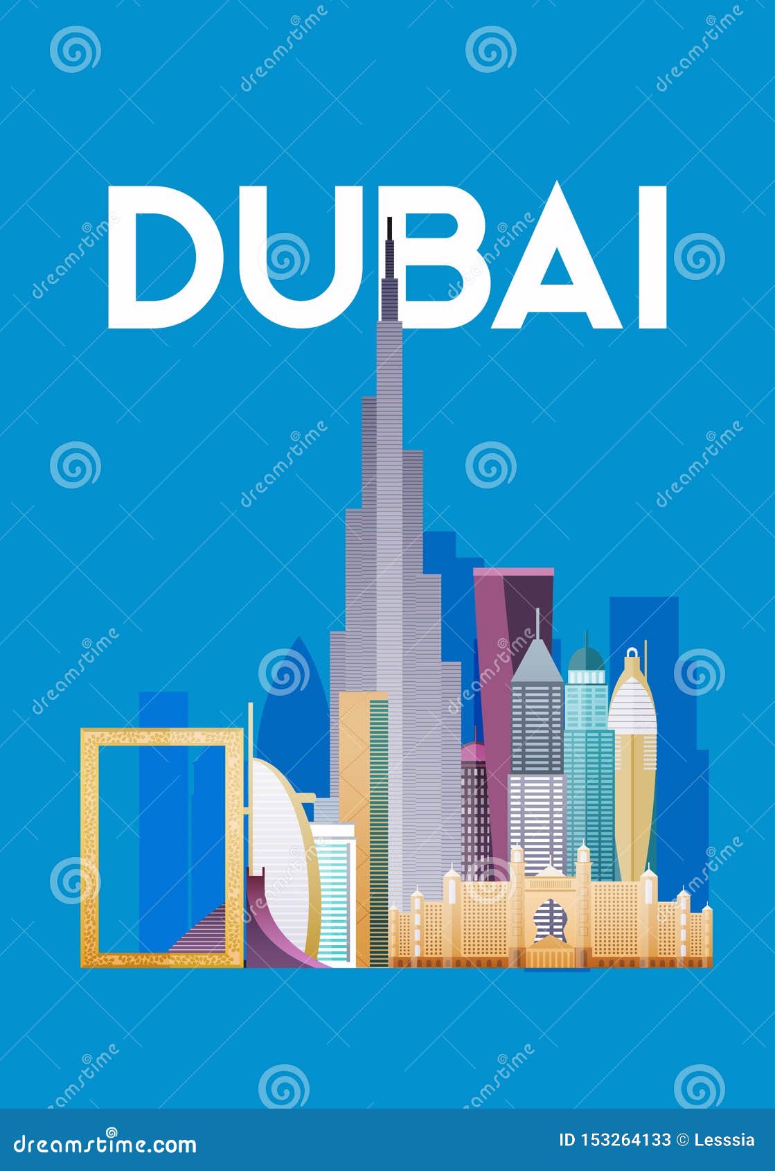 Dubai. Skyline and Vector Landscape of Buildings and Famous Landmarks ...