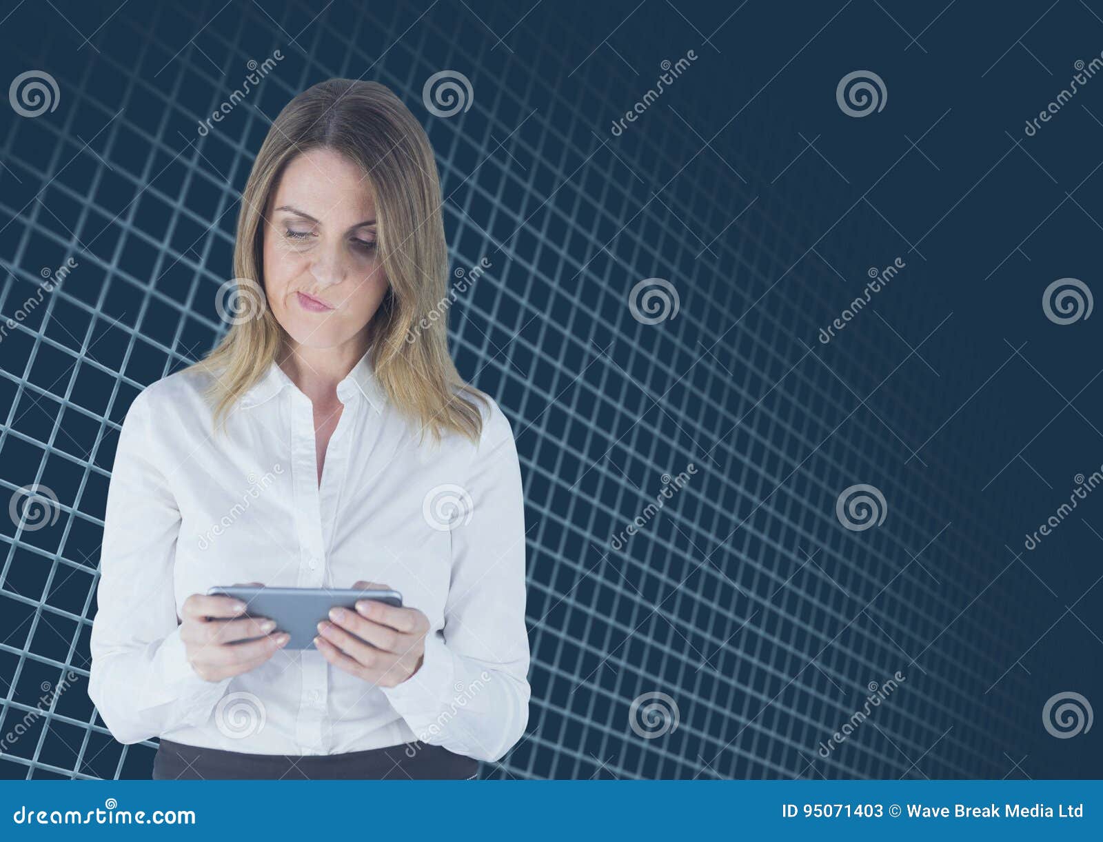 Dubious Woman Texting on Blue Interface Stock Image - Image of dressed ...