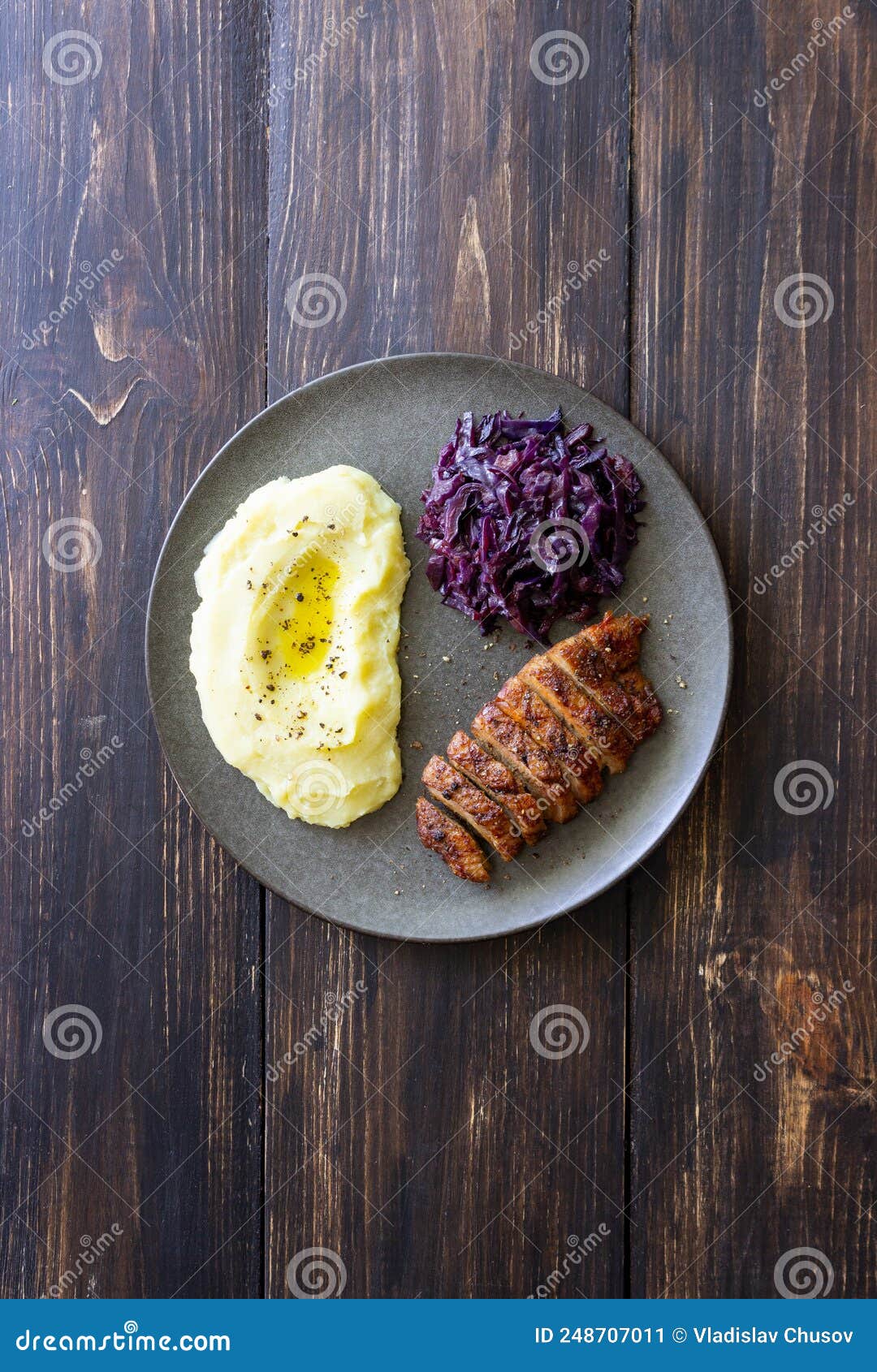 Duck Breast with Mashed Potatoes and Red Cabbage Stock Image - Image of ...