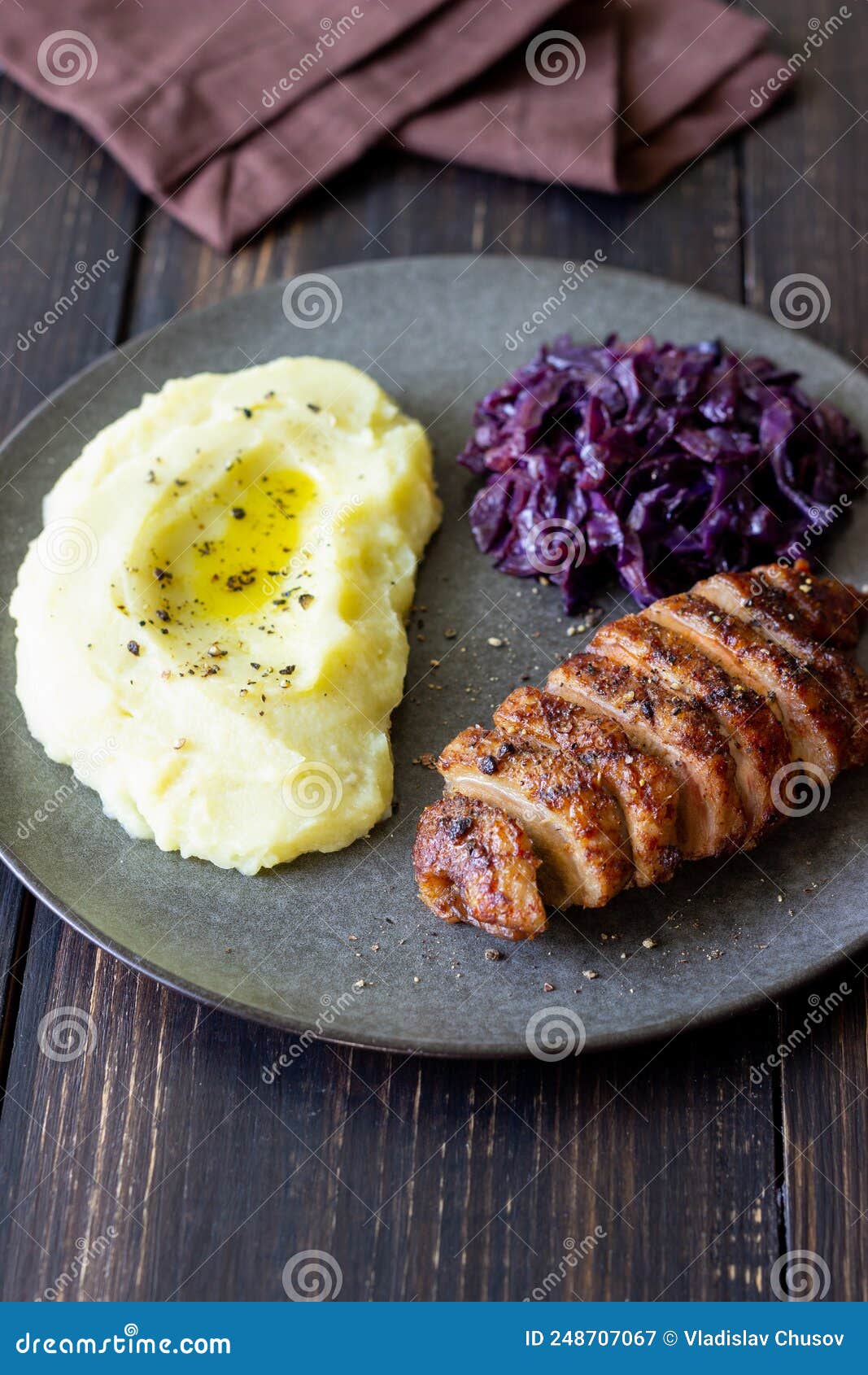Duck Breast with Mashed Potatoes and Red Cabbage Stock Image - Image of ...