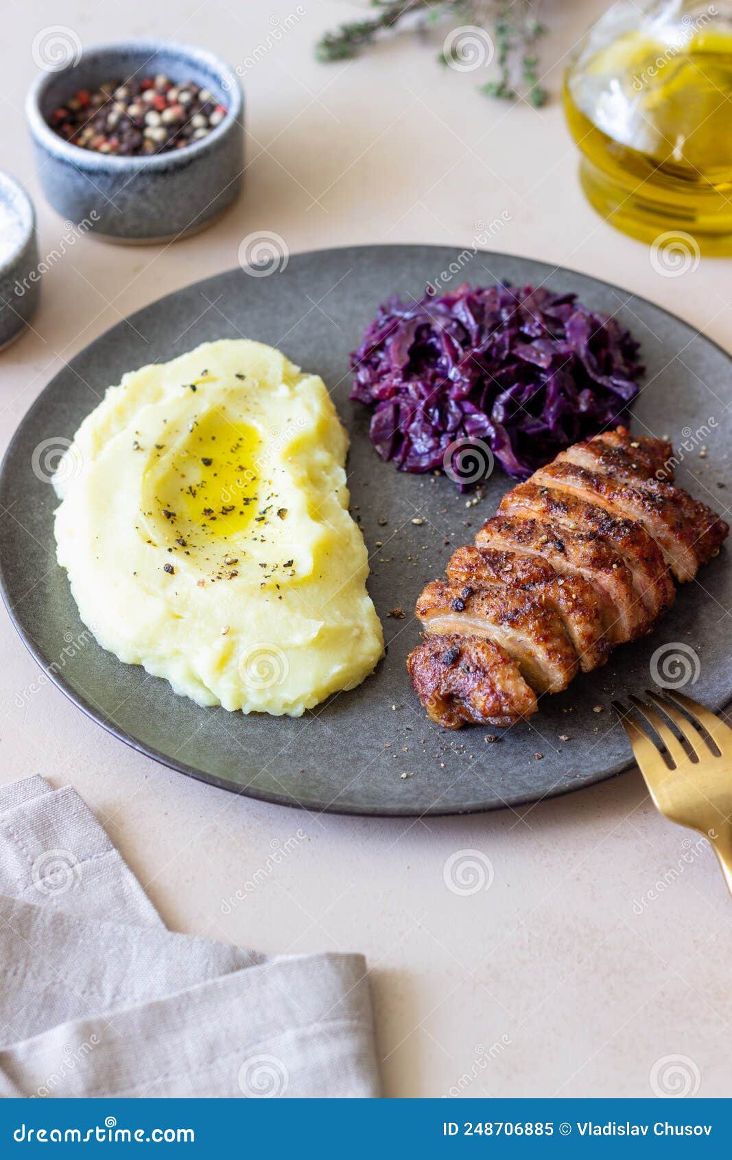 Duck Breast with Mashed Potatoes and Red Cabbage Stock Image - Image of ...