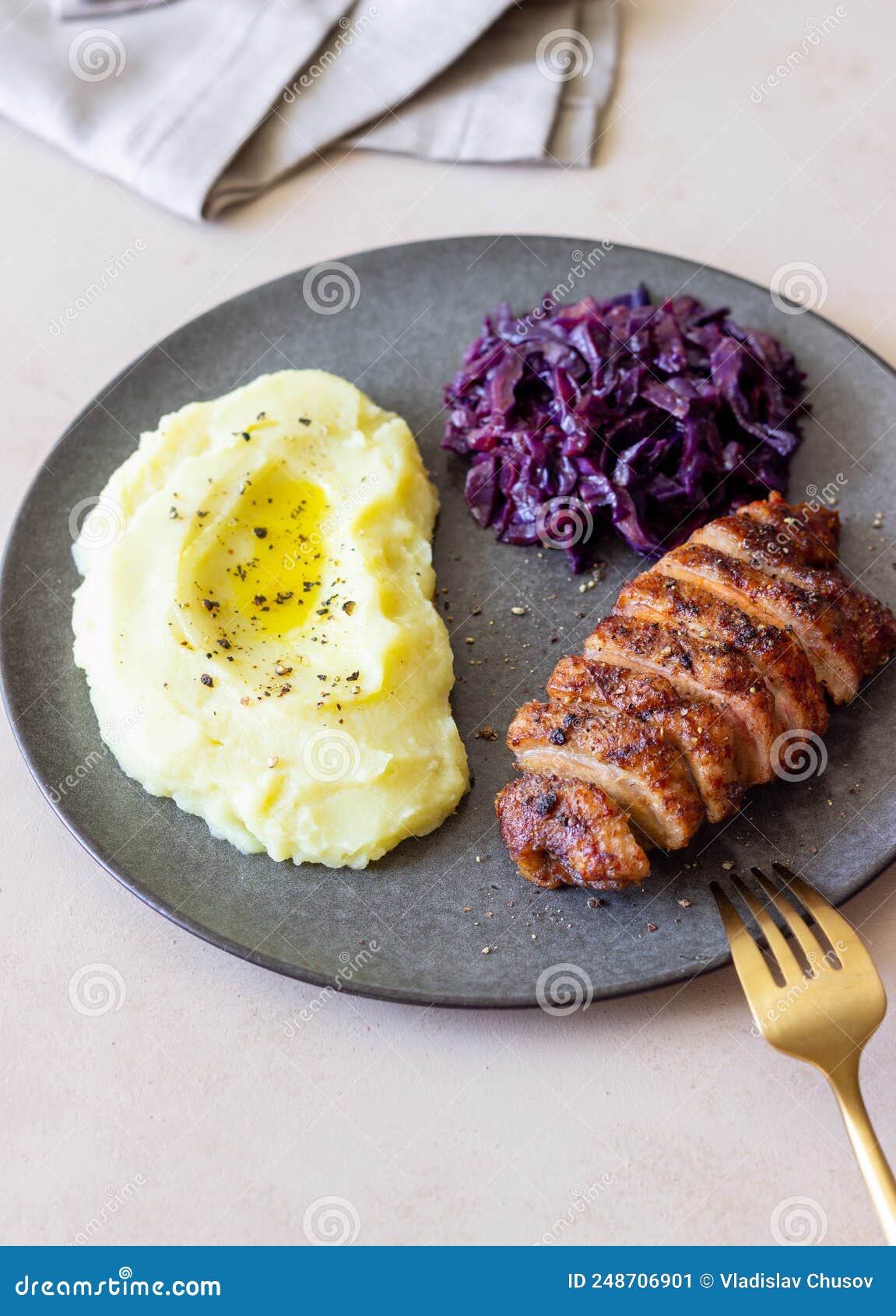 Duck Breast with Mashed Potatoes and Red Cabbage Stock Image - Image of ...