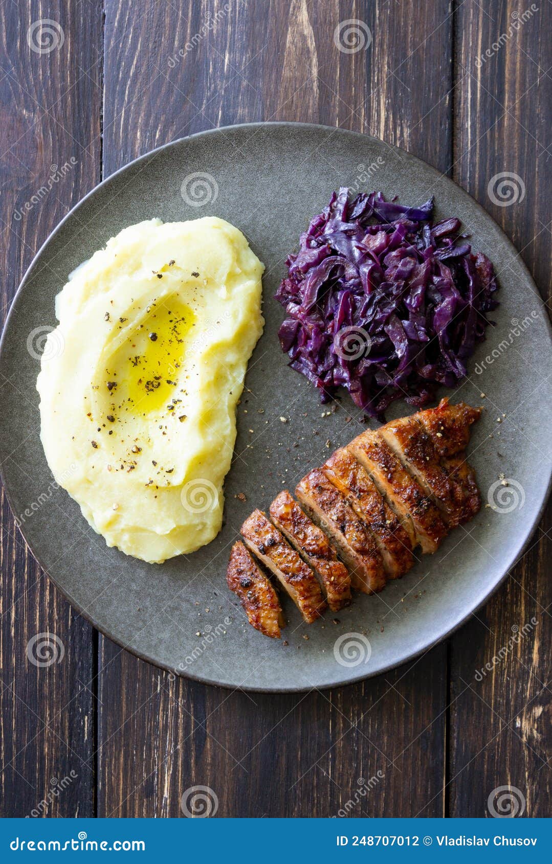 Duck Breast with Mashed Potatoes and Red Cabbage Stock Photo - Image of ...
