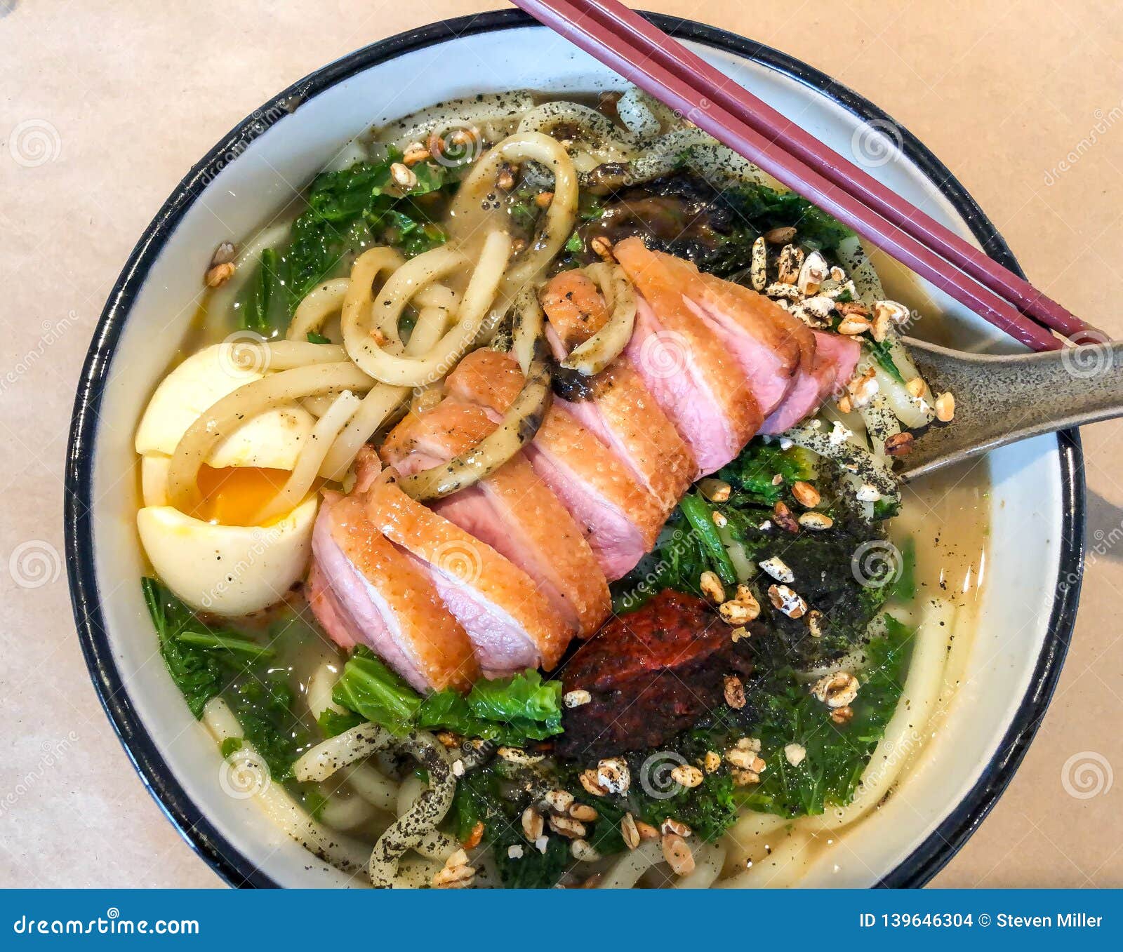 Duck Breast Over Udon Noodles Stock Photo - Image of spoon, udon: 139646304