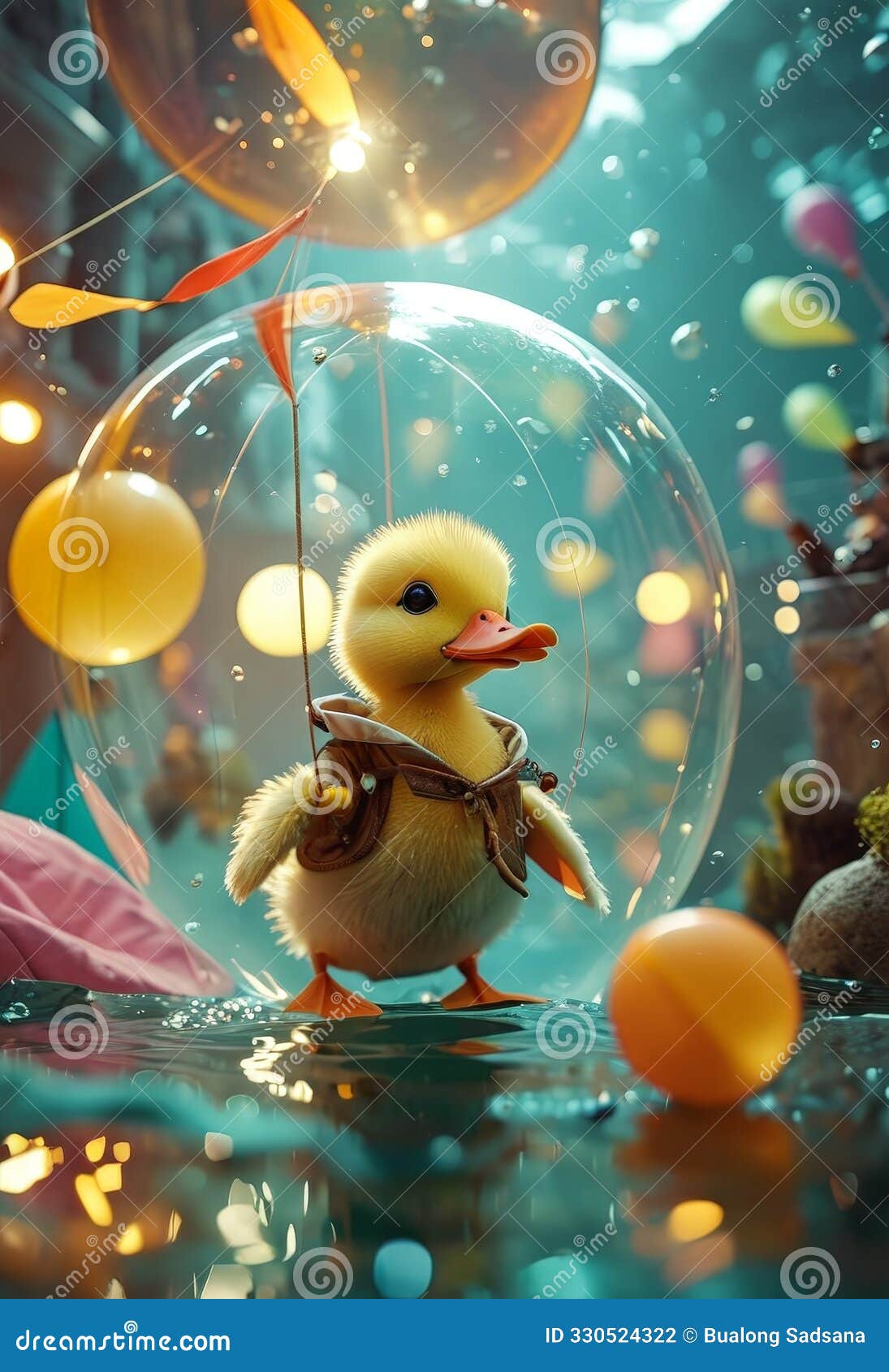 Duck in Bubble with Balloons and Kite Stock Illustration - Illustration ...