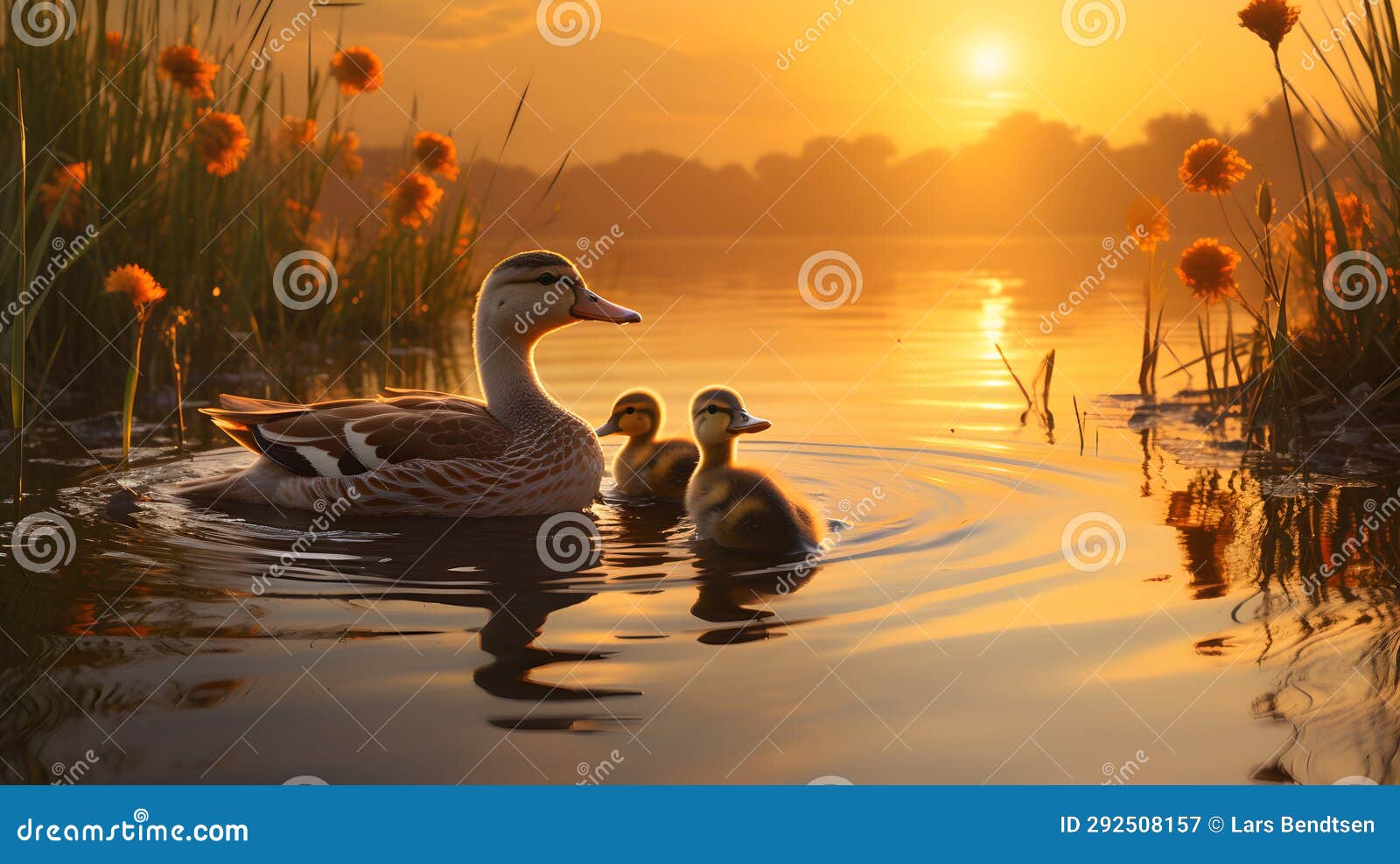 Duck and Ducklings Wading in a Sunset Pond - AI Generated Stock ...