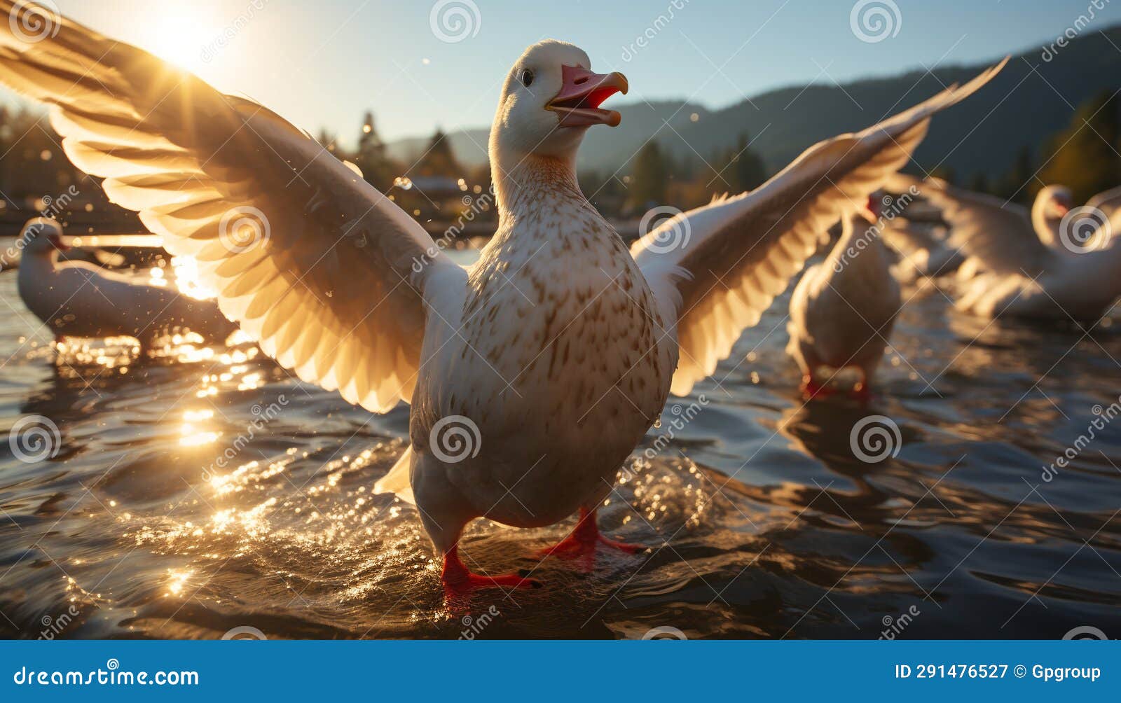 Duck Flying Over Pond, Reflecting Sunset Beauty in Nature Generated by ...