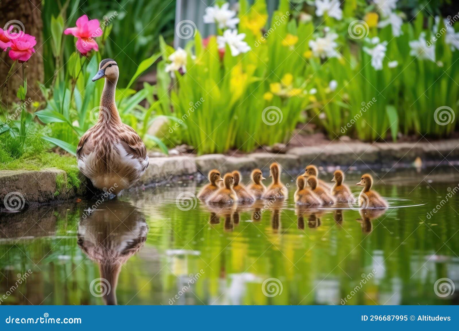 A Duck and Her Ducklings Lining Up by the Pond Stock Image - Image of ...