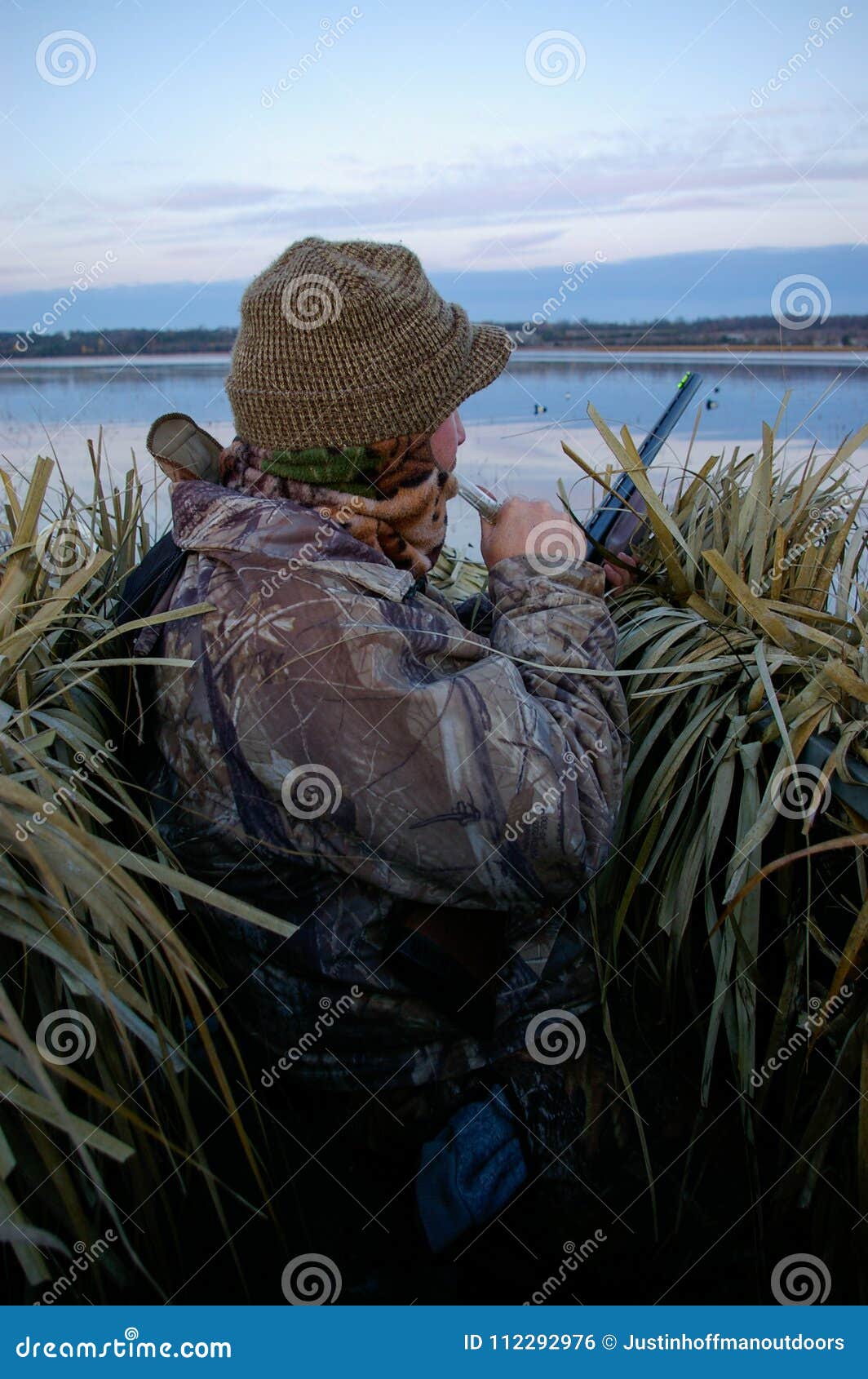 Duck Hunter in Blind Working a Call Stock Photo - Image of sport, ducks ...