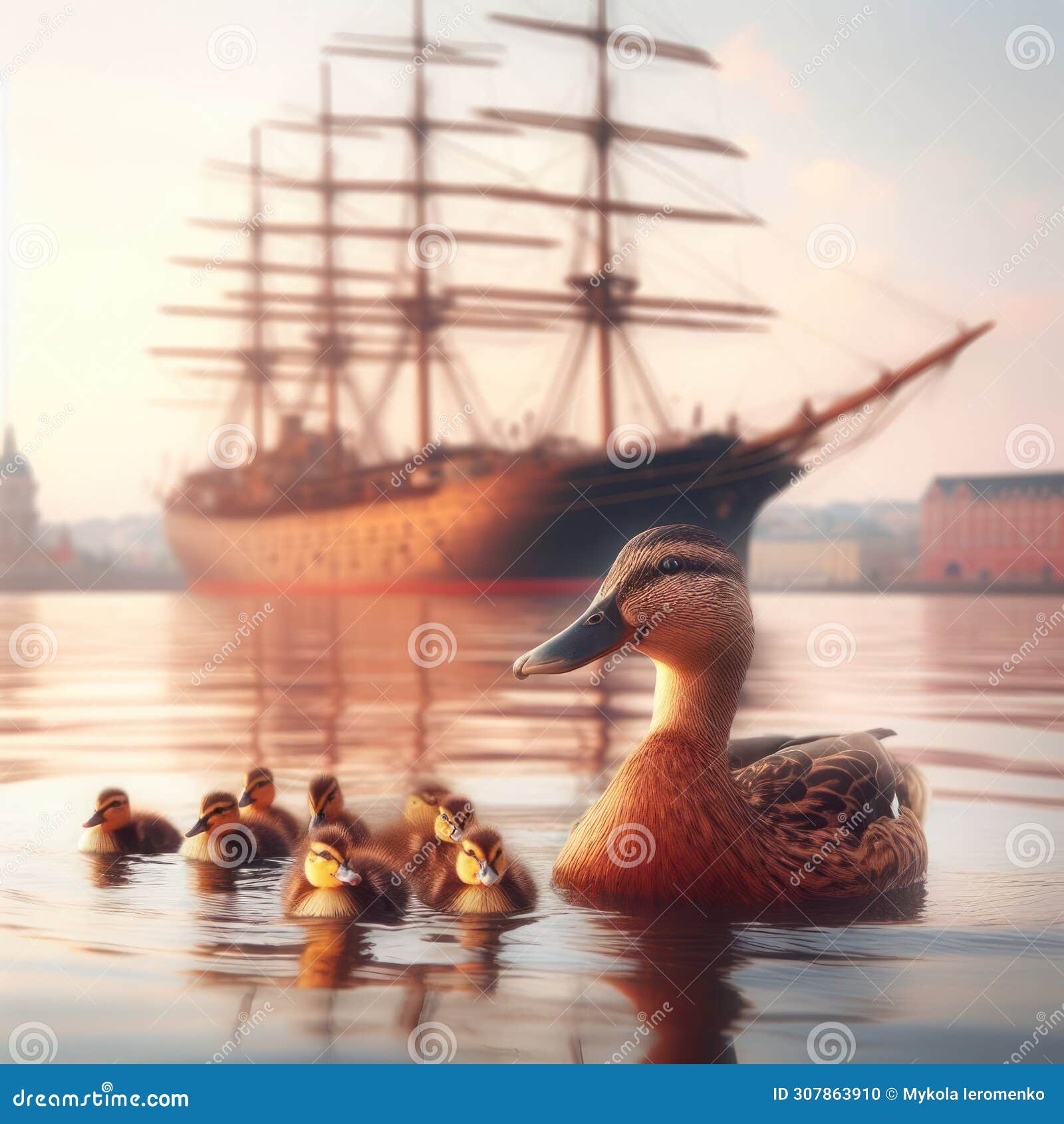 A Duck and Its Ducklings on the Background of a Ship. Stock Photo ...