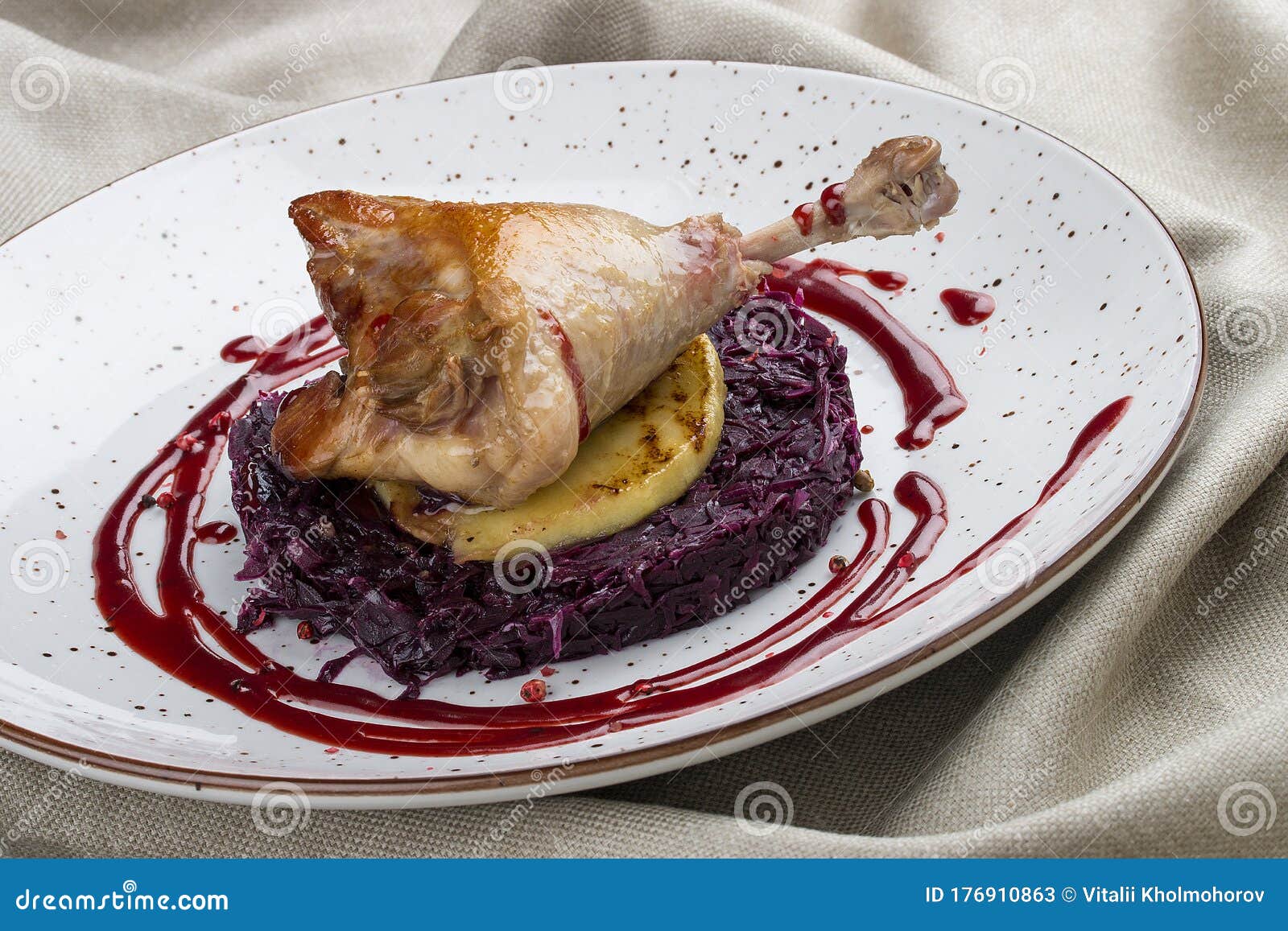 Duck Leg with Apple and Cabbage on Textile Background Stock Image ...