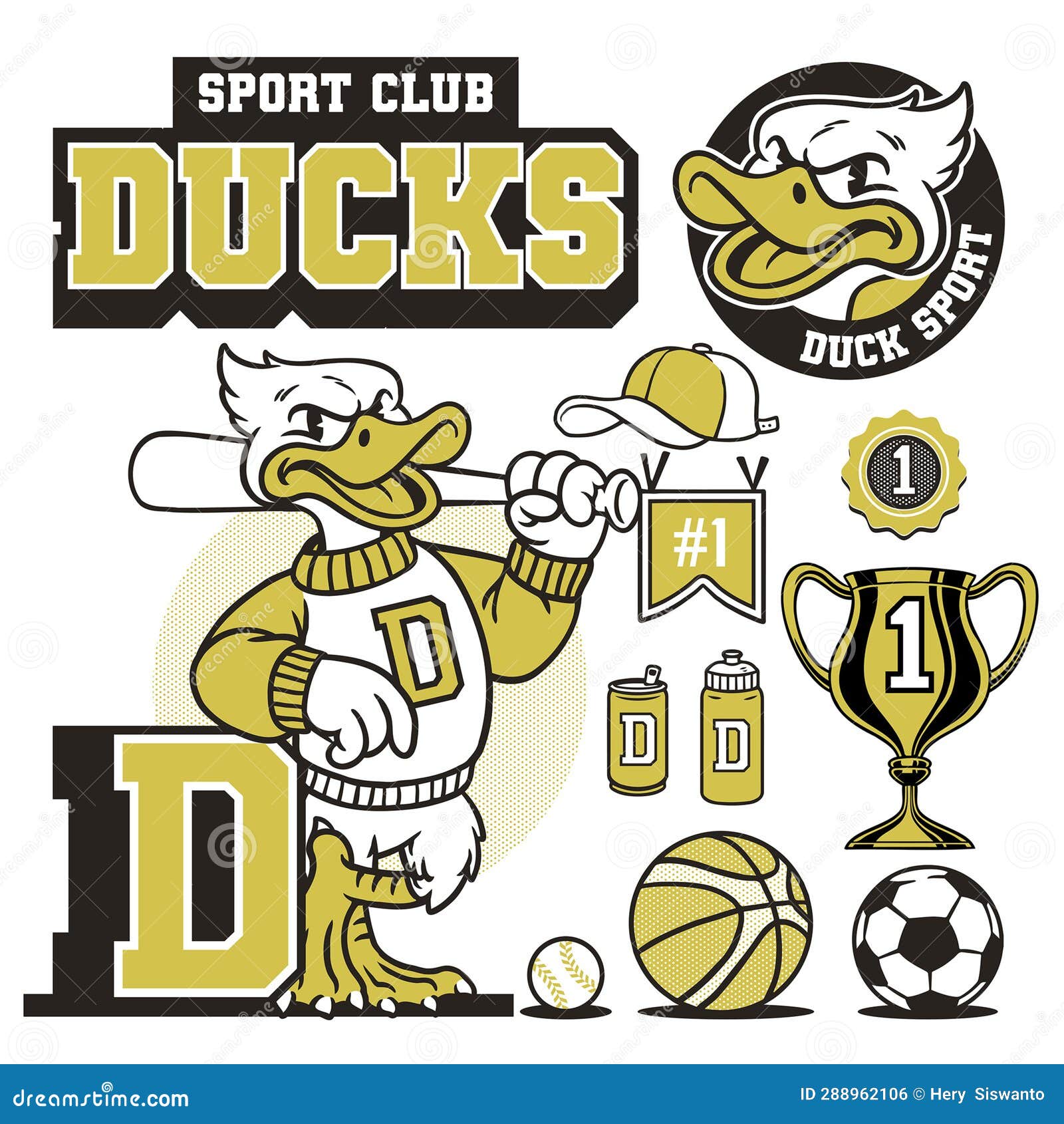 Duck Mascot and Sport Object Retro Style Stock Vector - Illustration of ...