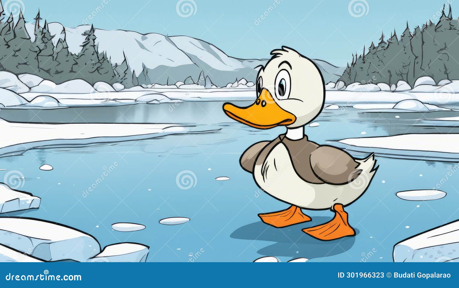 A Duck Standing on a Frozen Lake Stock Illustration - Illustration of ...