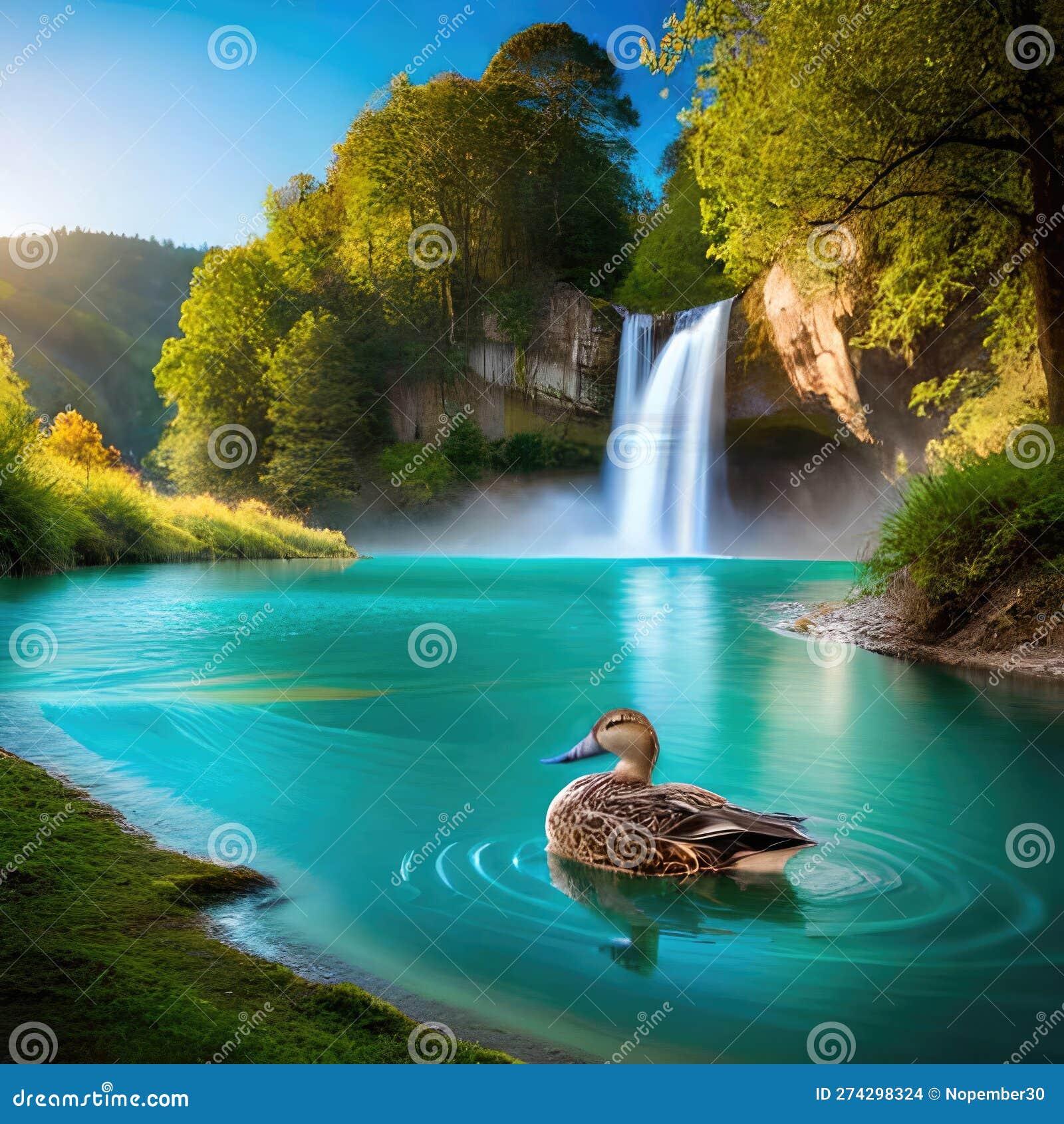 Duck at the waterfall stock illustration. Illustration of beautiful ...