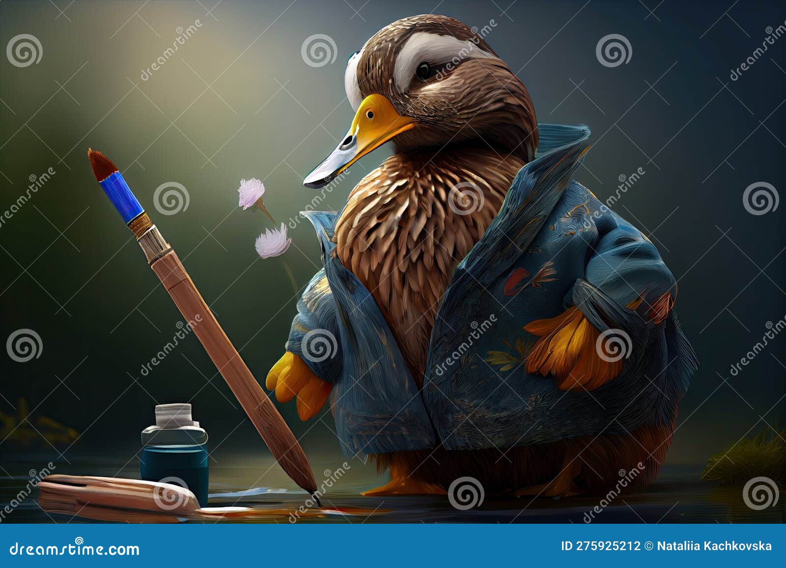 Duck Wearing Painter Smock and Holding Brushes Stock Illustration ...