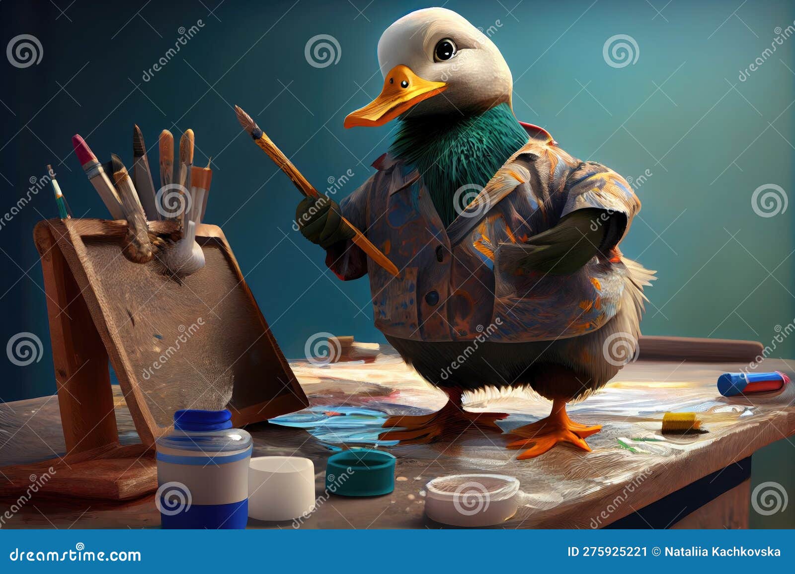 Duck Wearing Painter Smock and Holding Brushes Stock Illustration ...