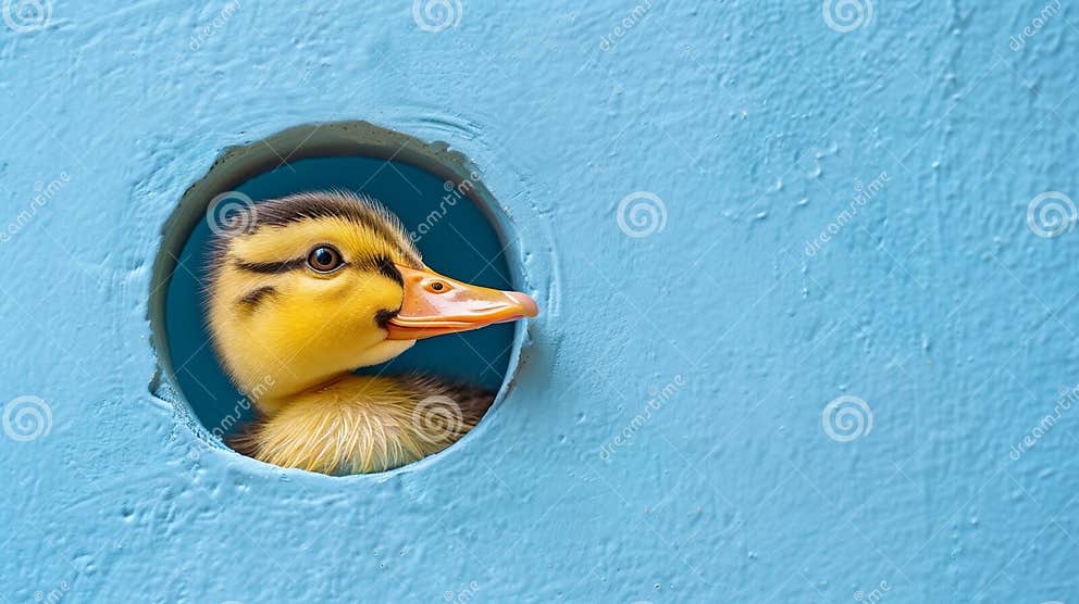 Duckling Peeking through a Circular Hole in a Blue Wall Stock Photo ...
