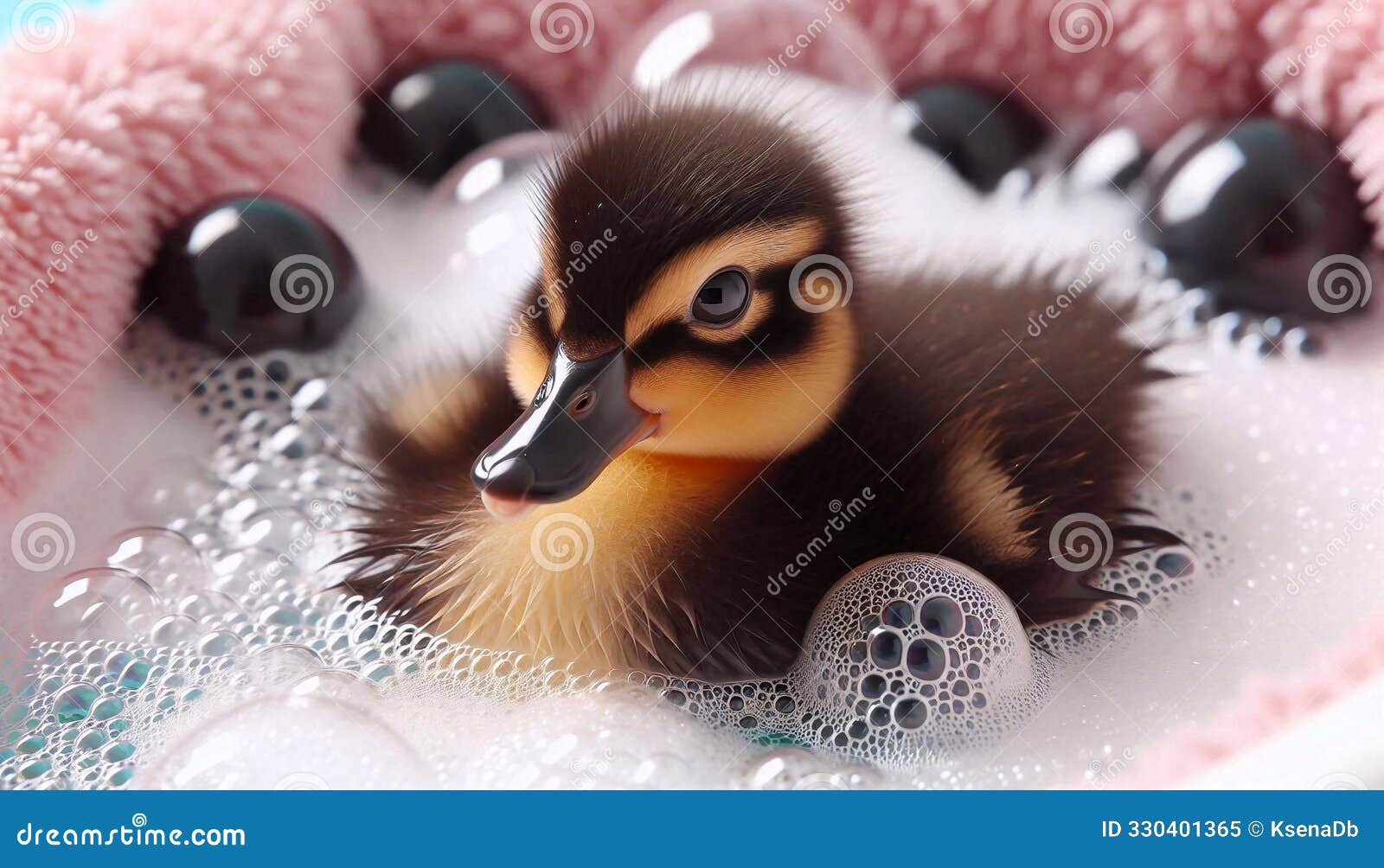 Duckling Swims in a Bubble Bath with Rubber Balls Around Stock ...