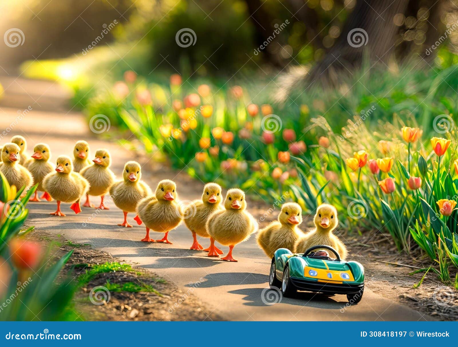 Ducks and Car Crossing Forest Path Together, AI-generated. Stock ...