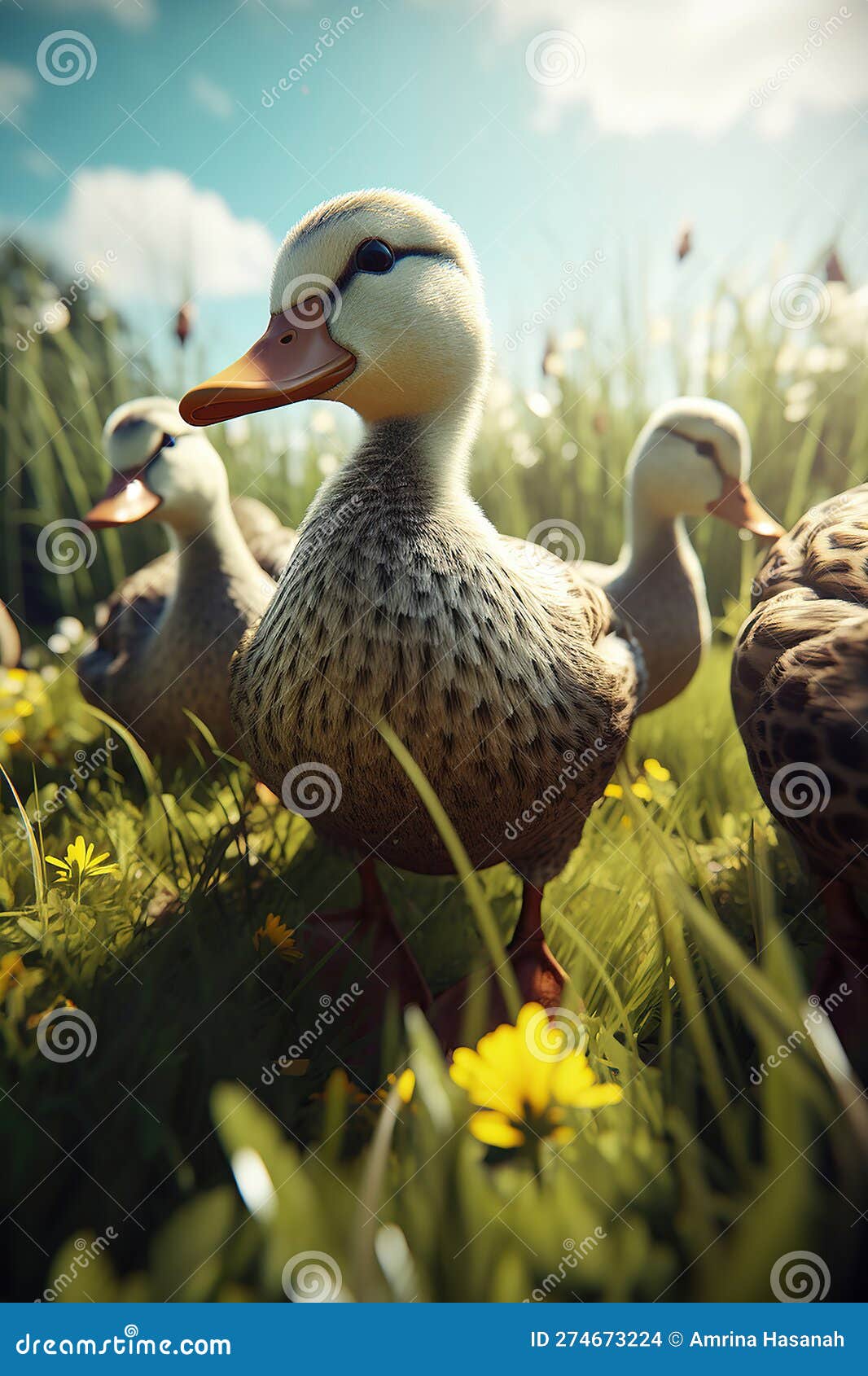 Ducks on Grassy Field on Sunny Day. Generative AI Technology Stock ...