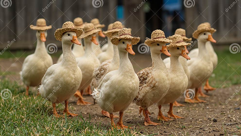 Ducks in Line Wearing Tiny Straw Hats Marching Confidently Stock ...