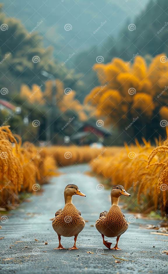 Ducks Walking on the Road. Two Ducks Walking on the Road in Front of ...