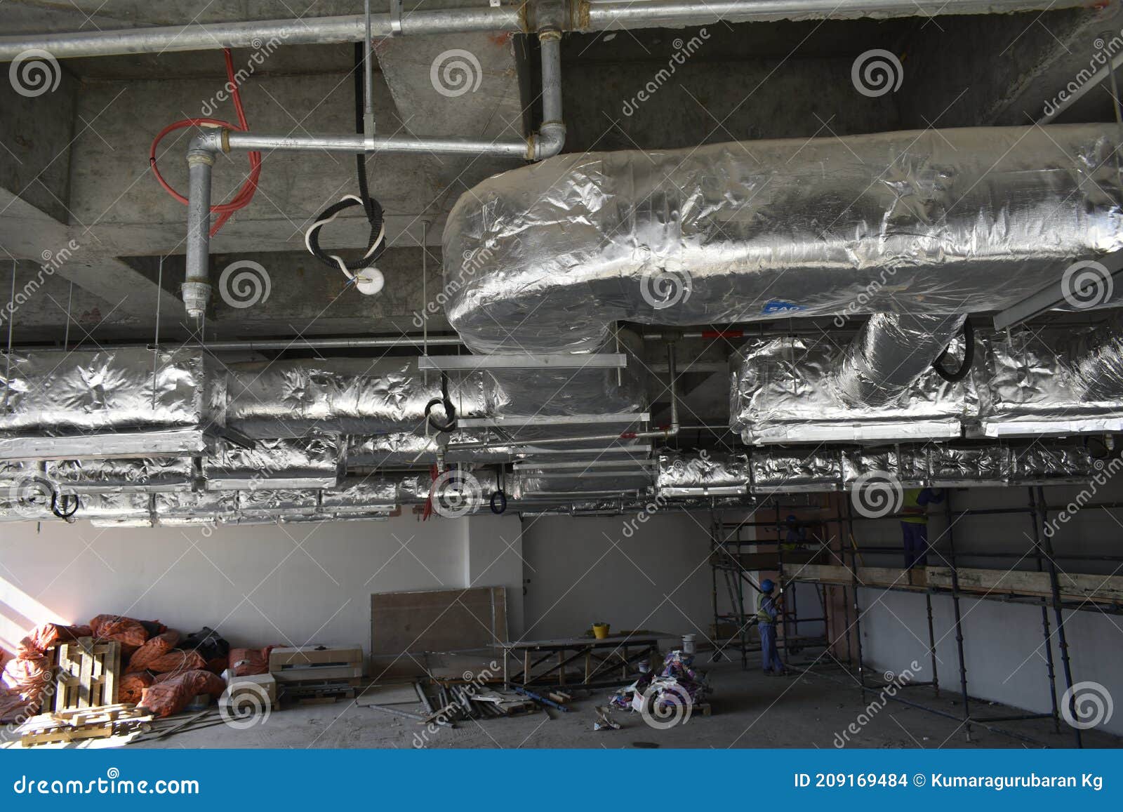 MEP Works in Civil Construction Site. Aluminum Fabricated Air Flow Duct ...