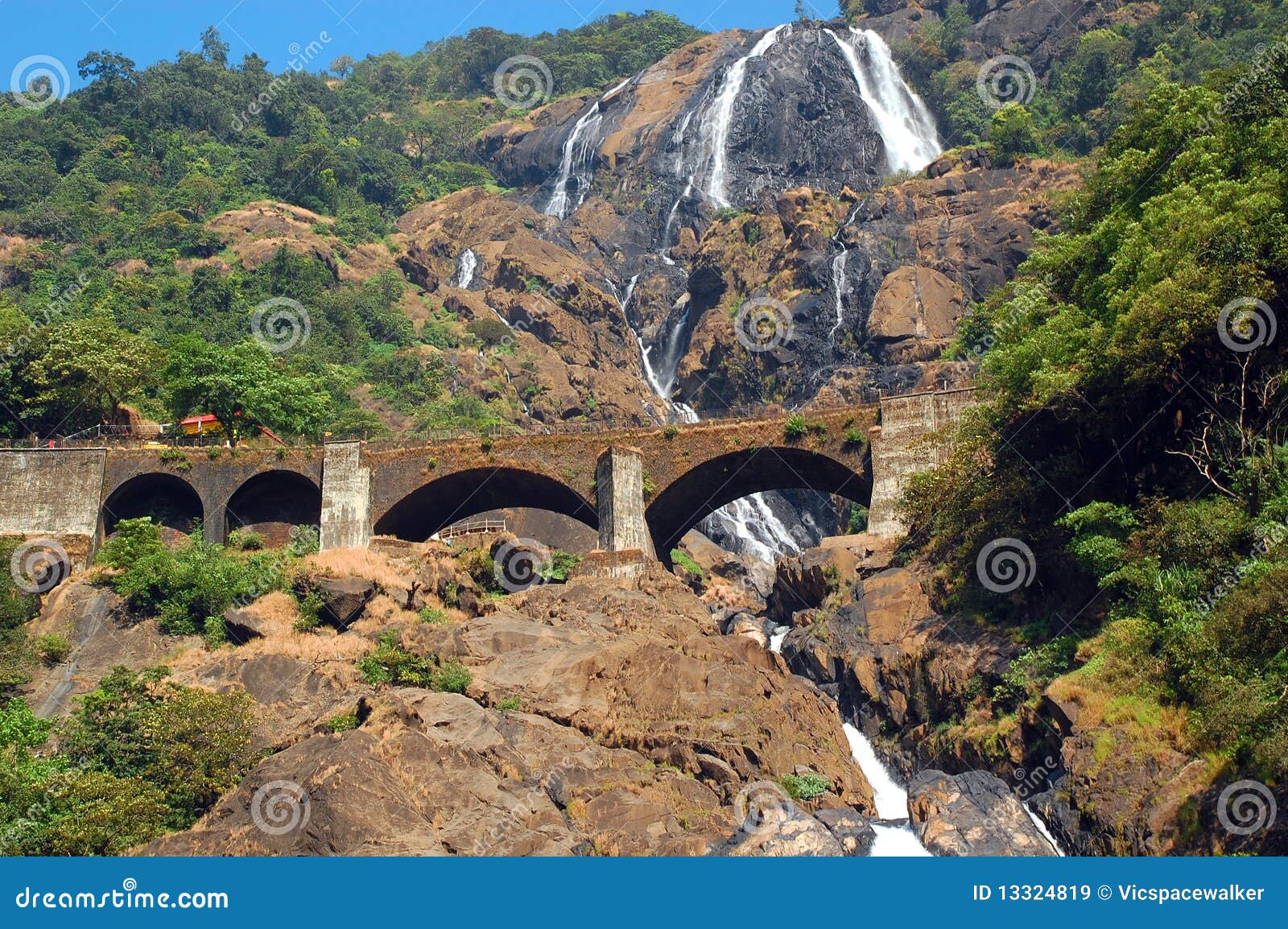 Dudhsagar Waterfalls and Railroad Bridge Stock Image - Image of torrent ...