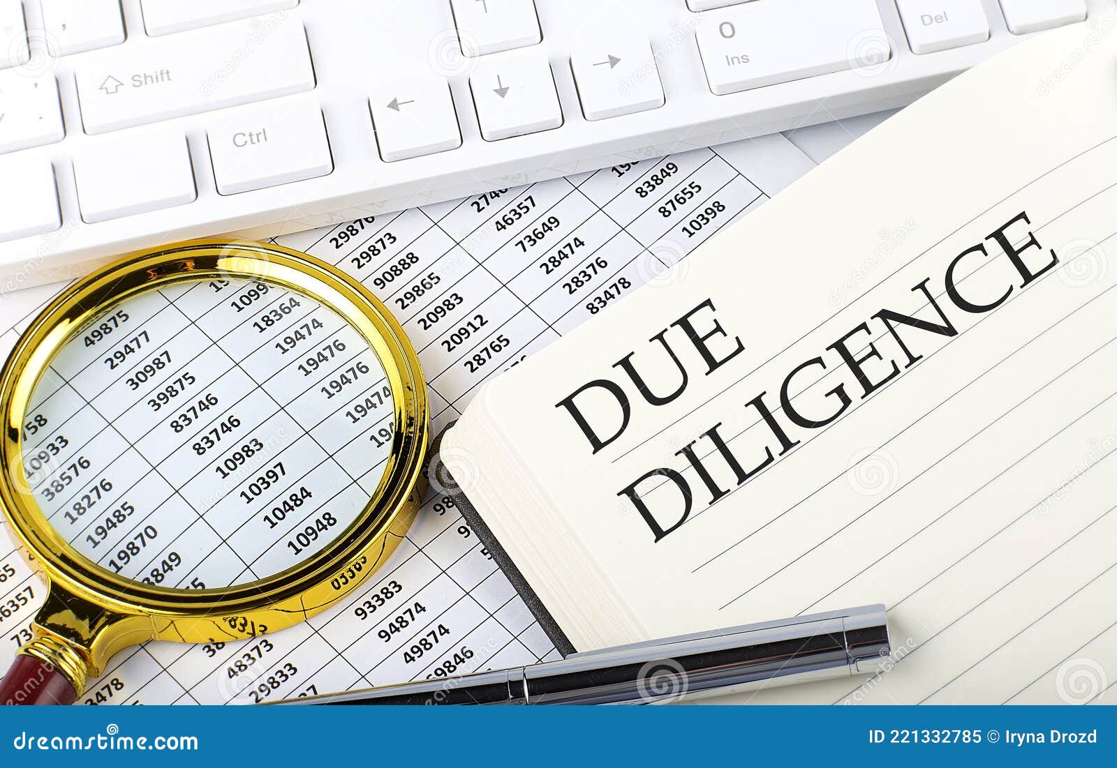DUE DILIGENCE Text on Notebook with Chart, Magnifier,keyboard and Pen ...