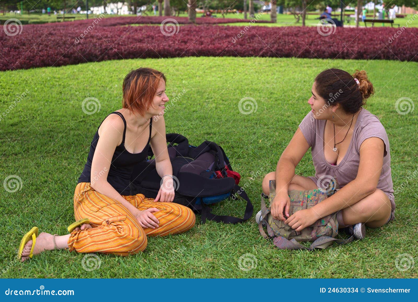 Due Giovani Donne Che Comunicano Nella Sosta Fotografia Stock ...